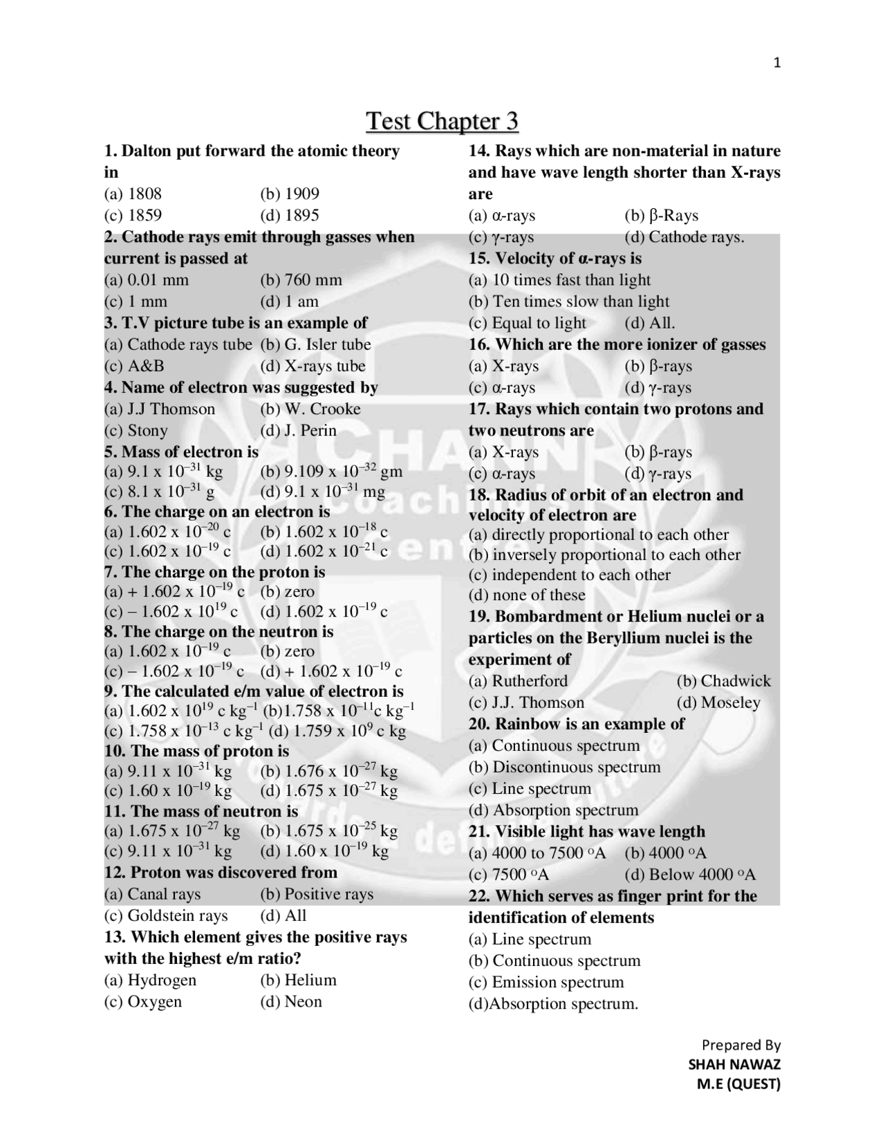 Atomic Structure Mcqs With Key Exercises Chemistry Docsity