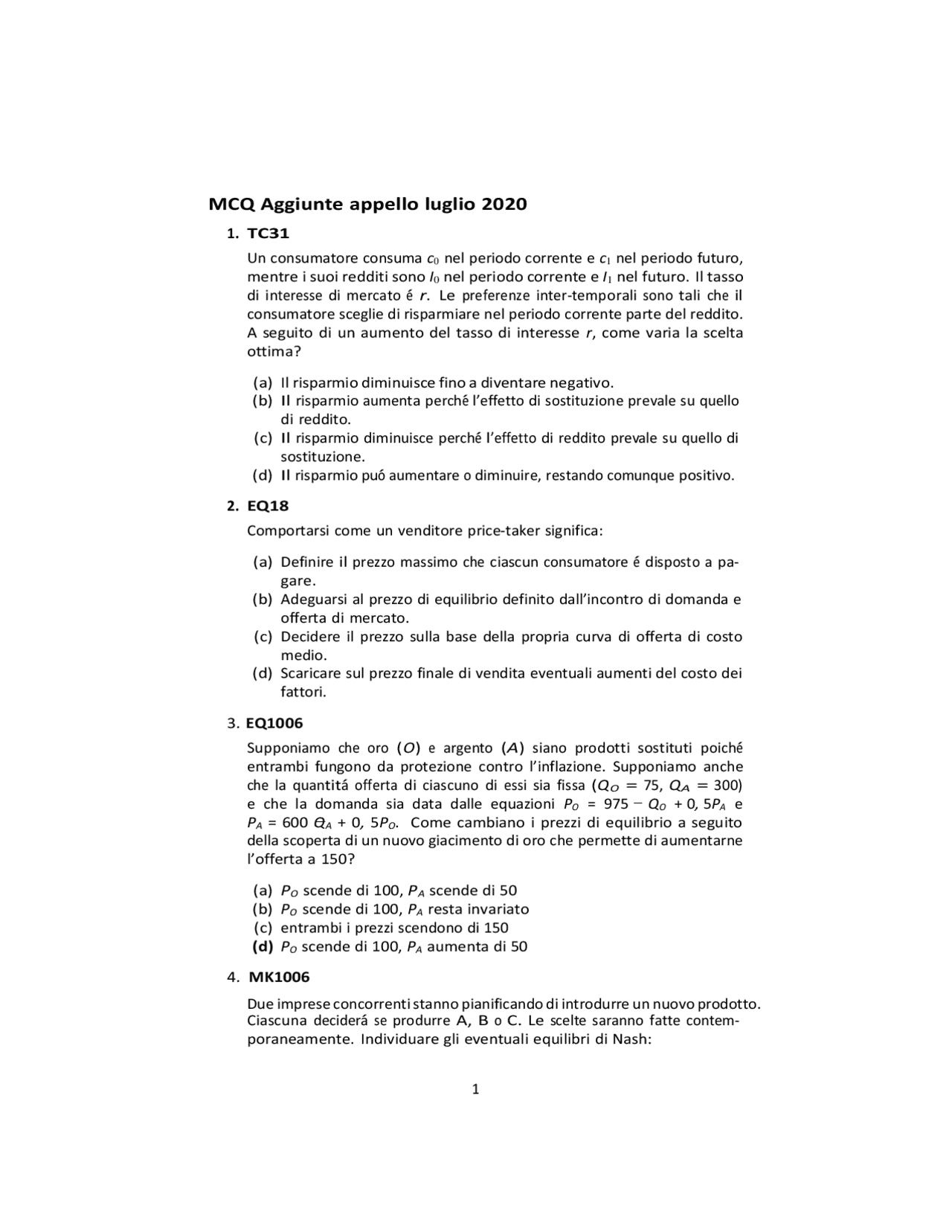 Prova Desame Microeconomia Prove Desame Di Microeconomia Docsity