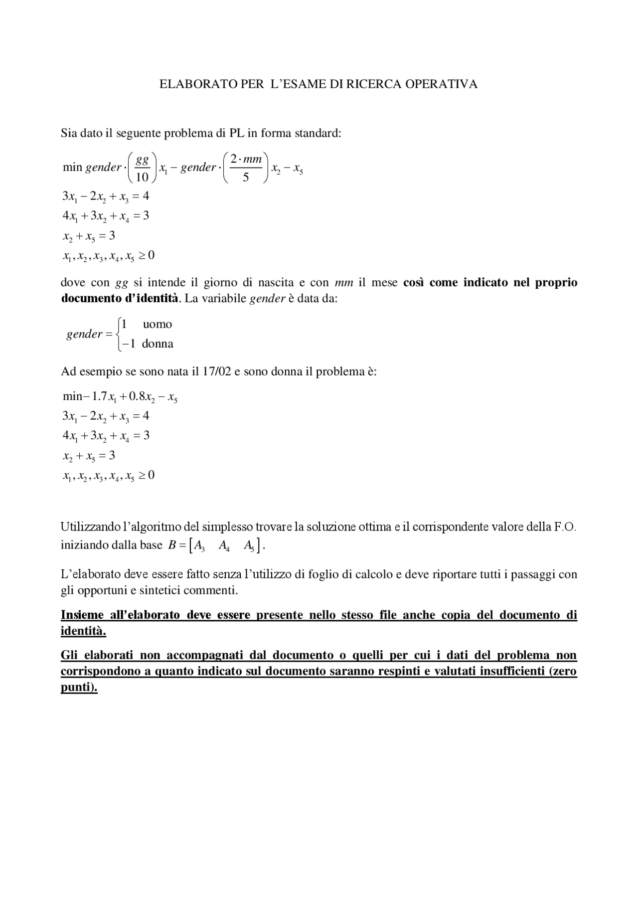 Elaborato Ricerca Operativa Programmazione Lineare Esercizi Di