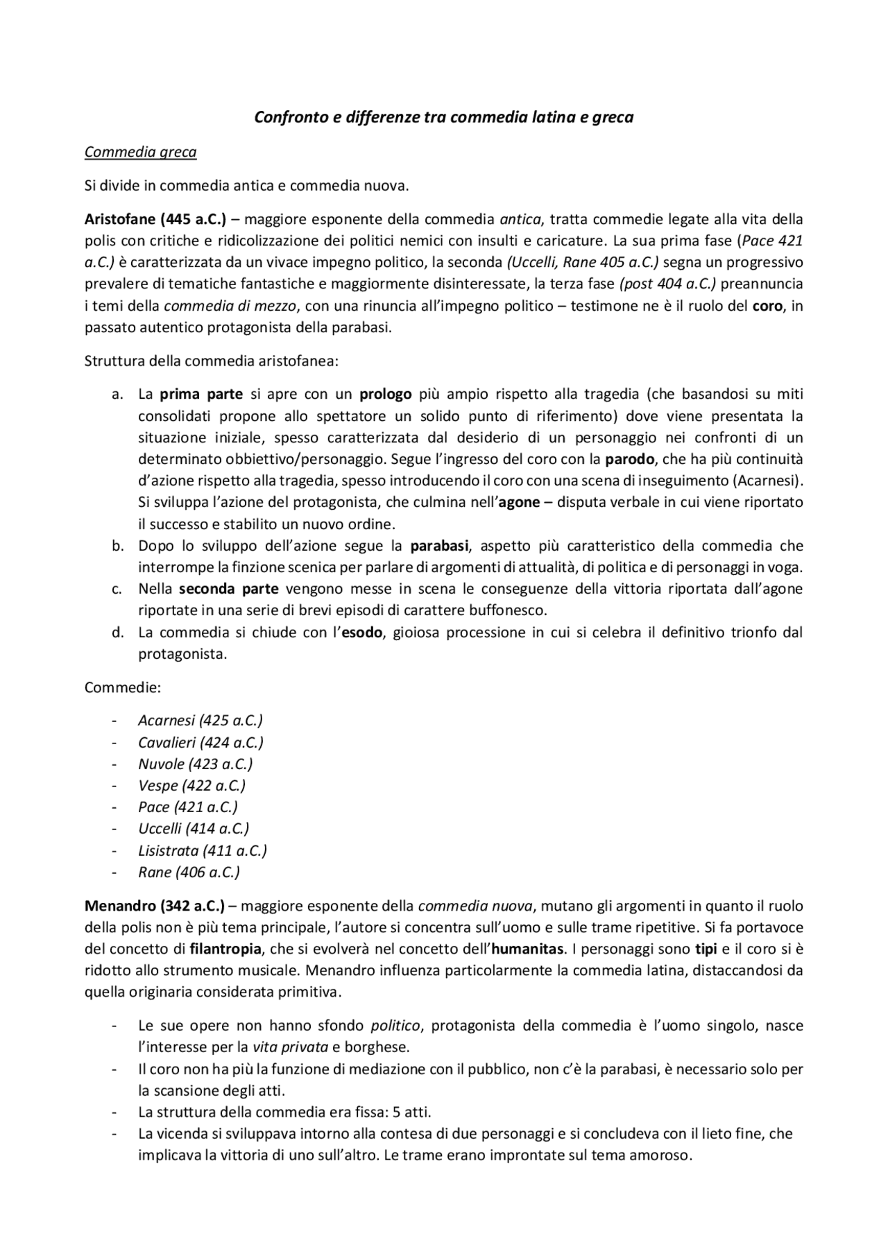 Confronto tra commedia latina e greca (Aristofane, Menandro, Seneca ...