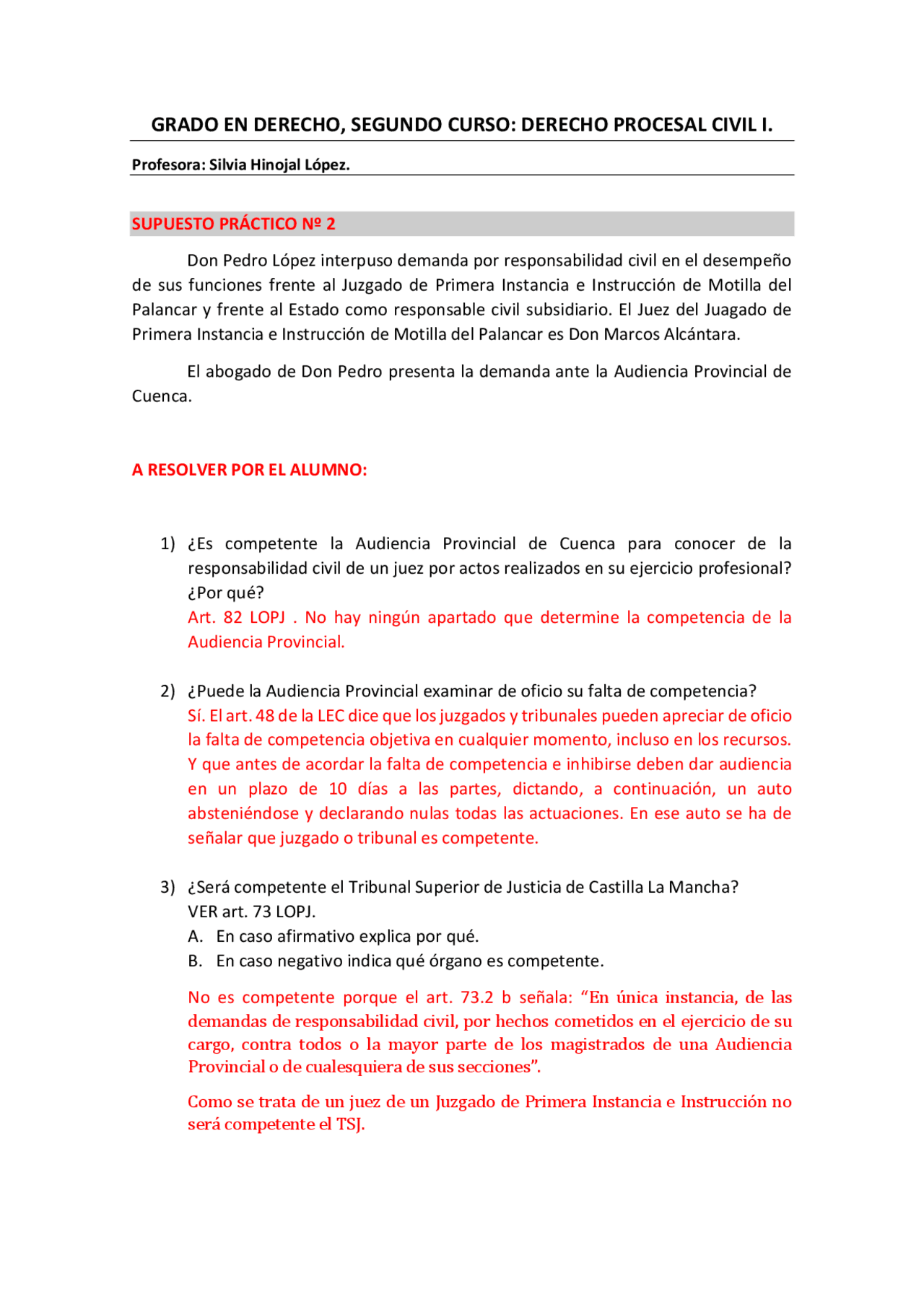 Supuesto Practico De Procesal Ejercicios De Derecho Procesal Civil