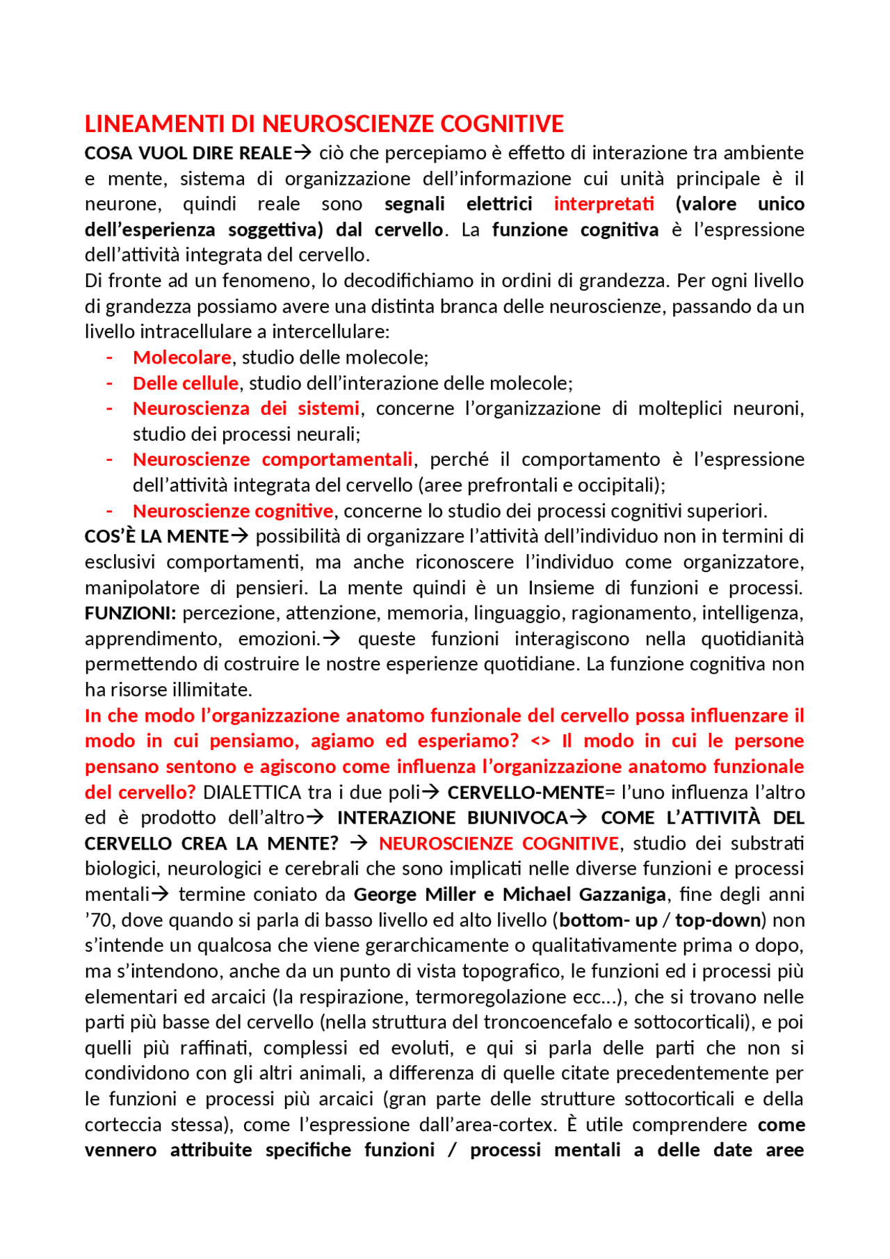 Appunti Basi Neurali Della Cognizione Appunti Di Psicobiologia Docsity