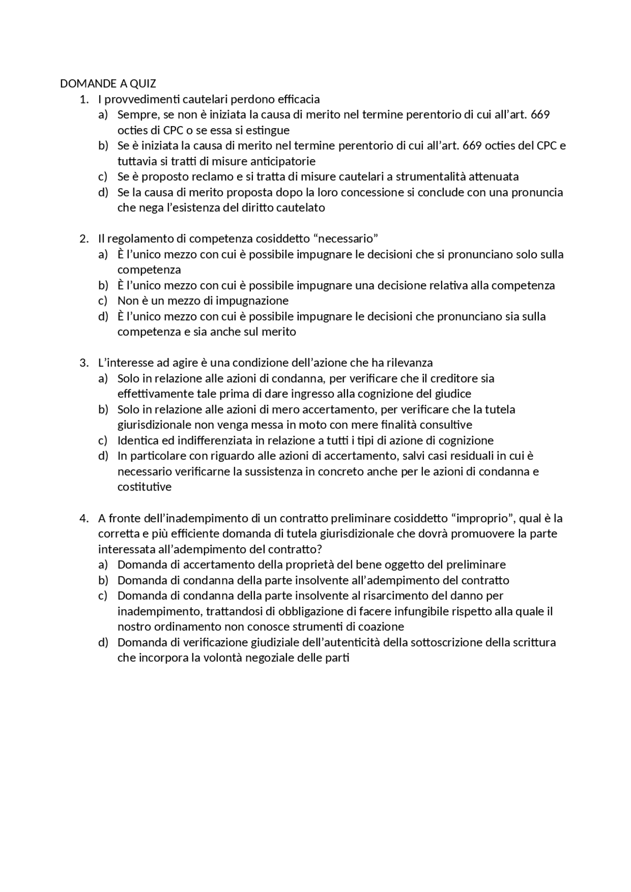 Sintesi Quiz Diritto Processuale Civile Prove Desame Di Diritto