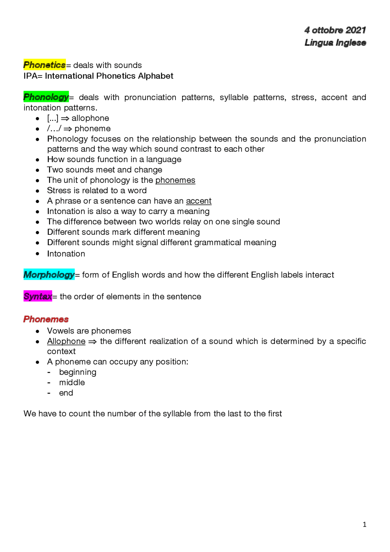 Fonologia fonetica e grammatica inglese | Schemi e mappe concettuali di ...
