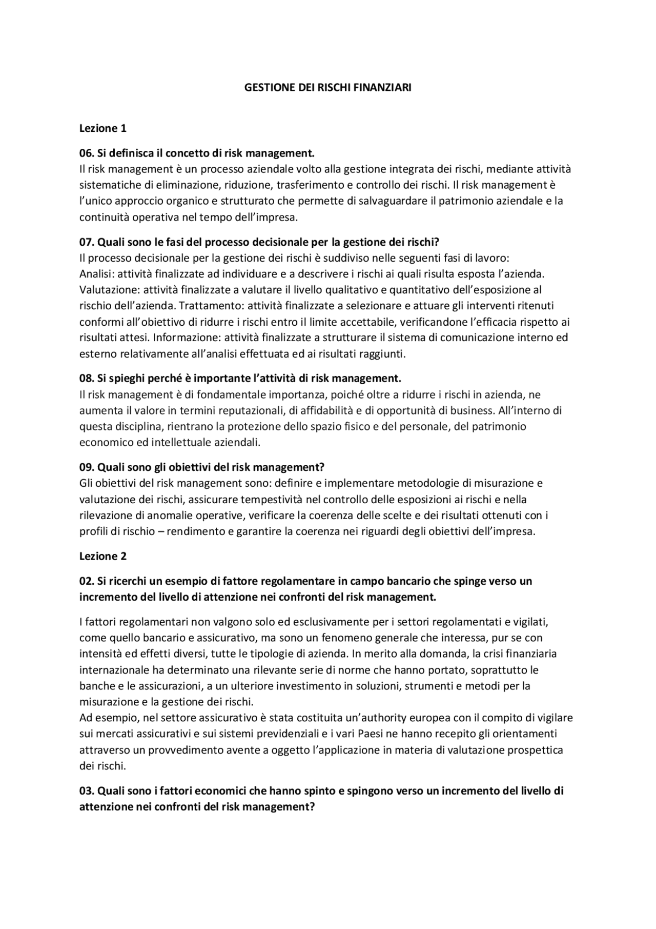 Paniere domande Aperte Gestione dei rischi finanziari | Panieri di Gestione del Rischio e del ...