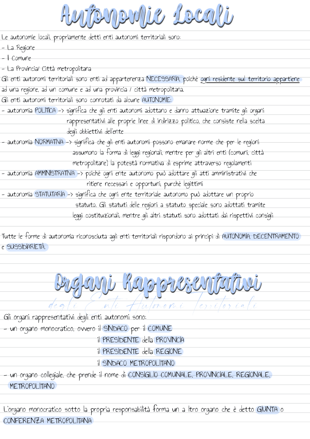 Autonomie Locali Italiane Schemi E Mappe Concettuali Di Diritto Docsity