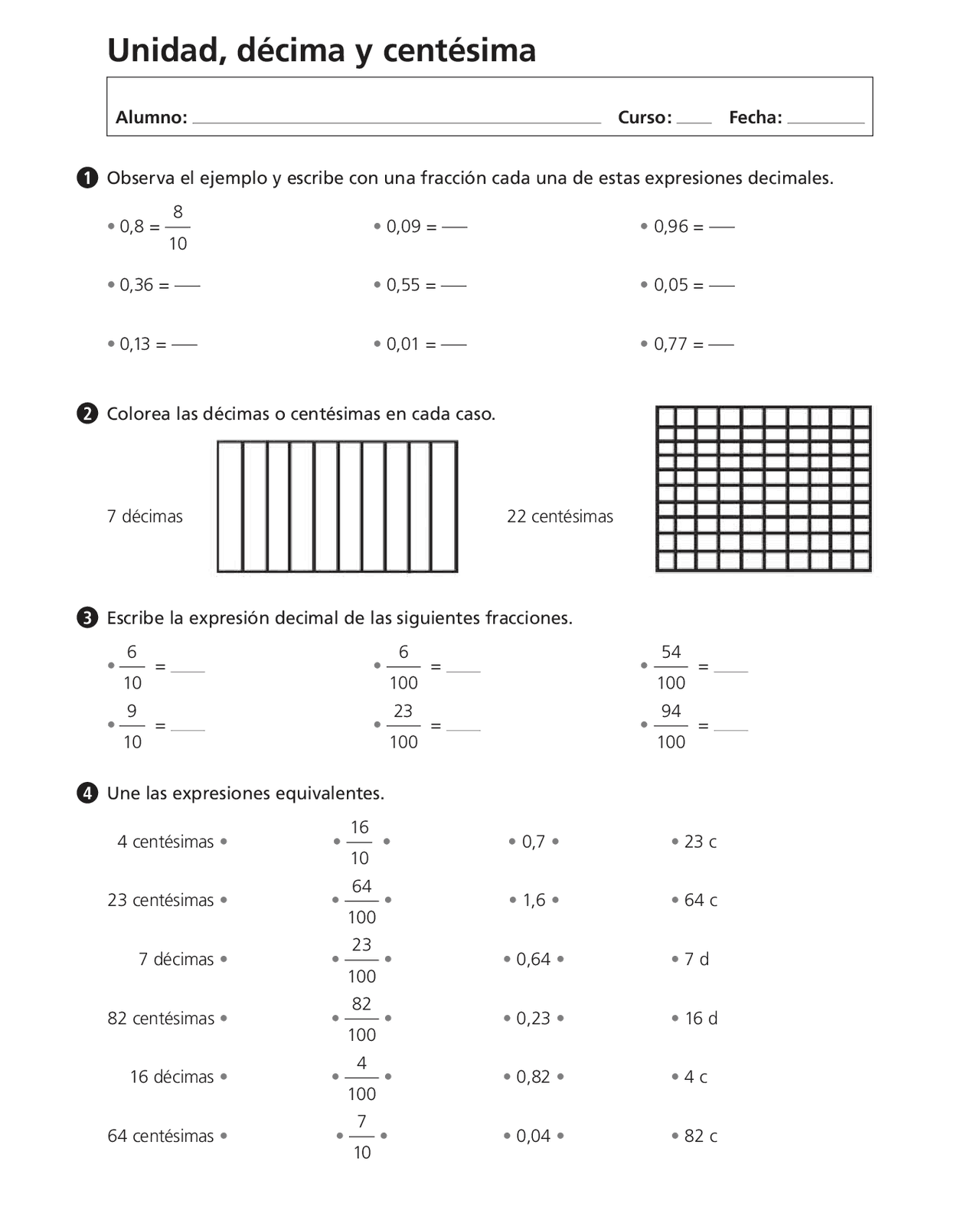 NUMEROS DECIMALES 4 DE PRIMARIA | Ejercicios de Matemáticas | Docsity