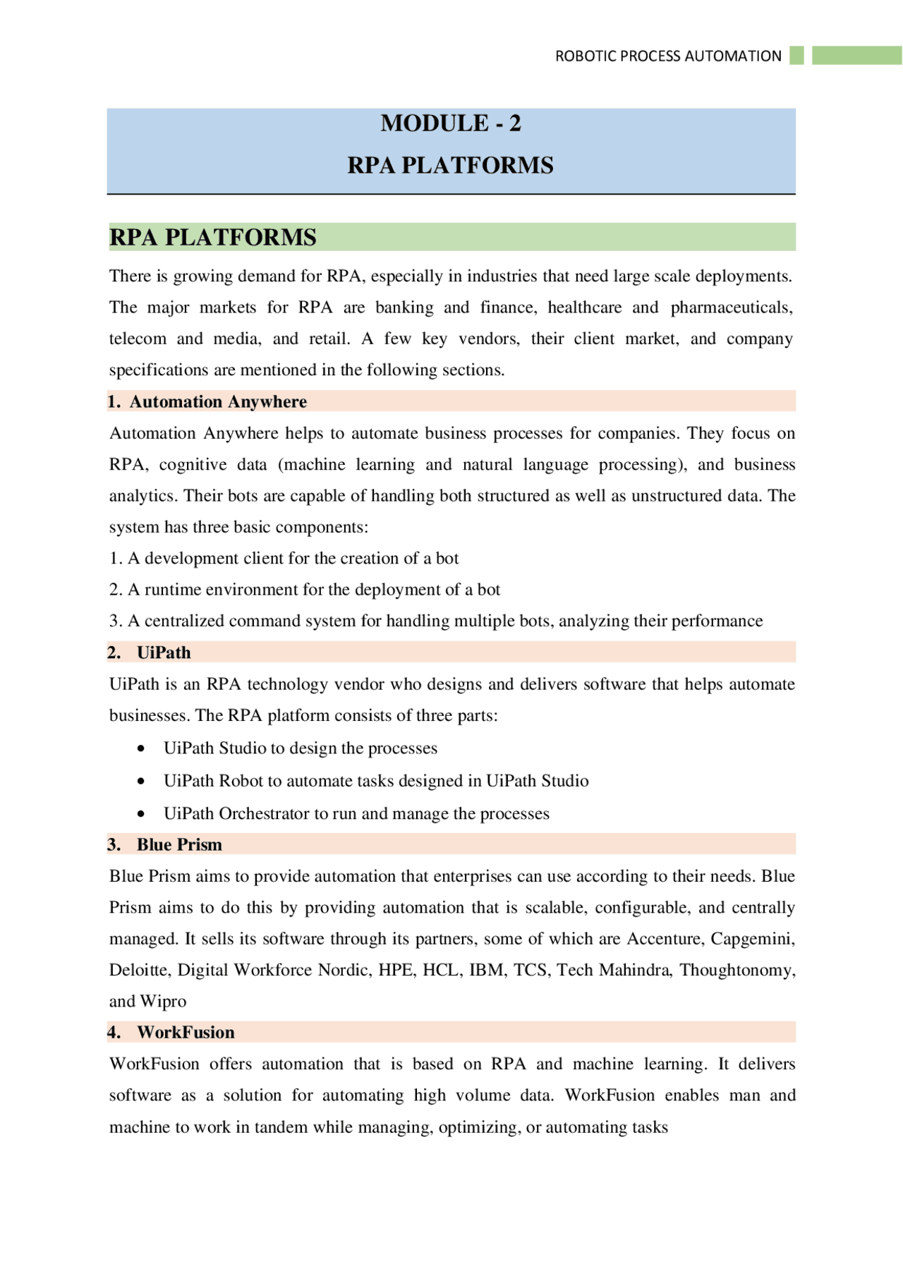 The Robotics Process Automation Platforms | Study notes Robotics | Docsity