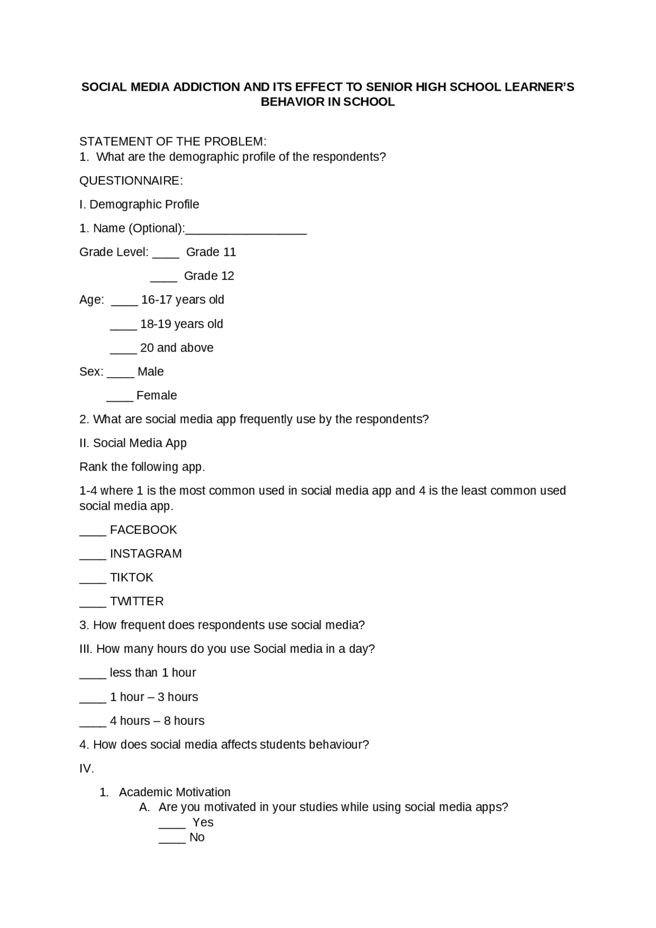 Social media survey for students | Exercises Law | Docsity