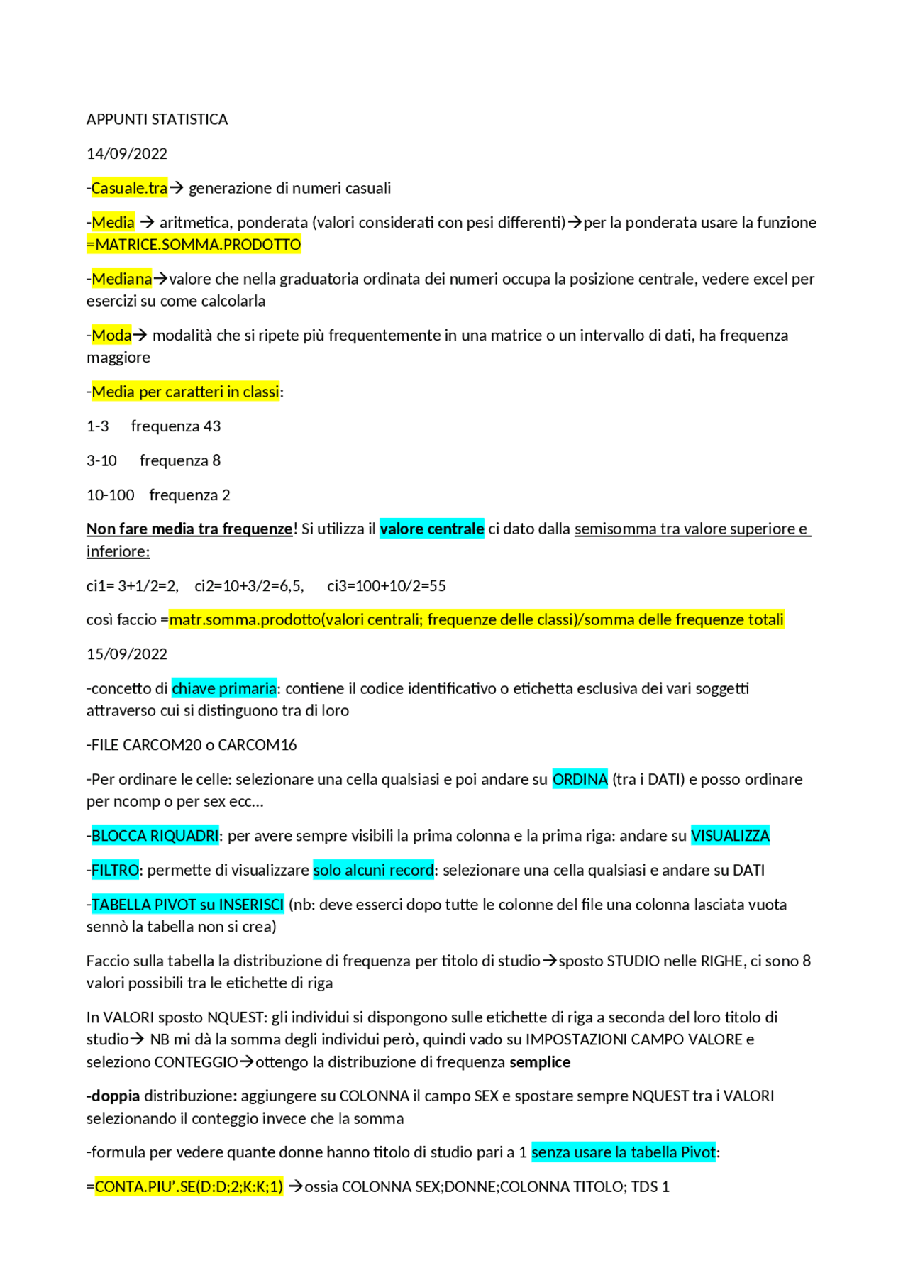 Moduli I e II di statistica economica con excel | Appunti di Statistica Economica | Docsity