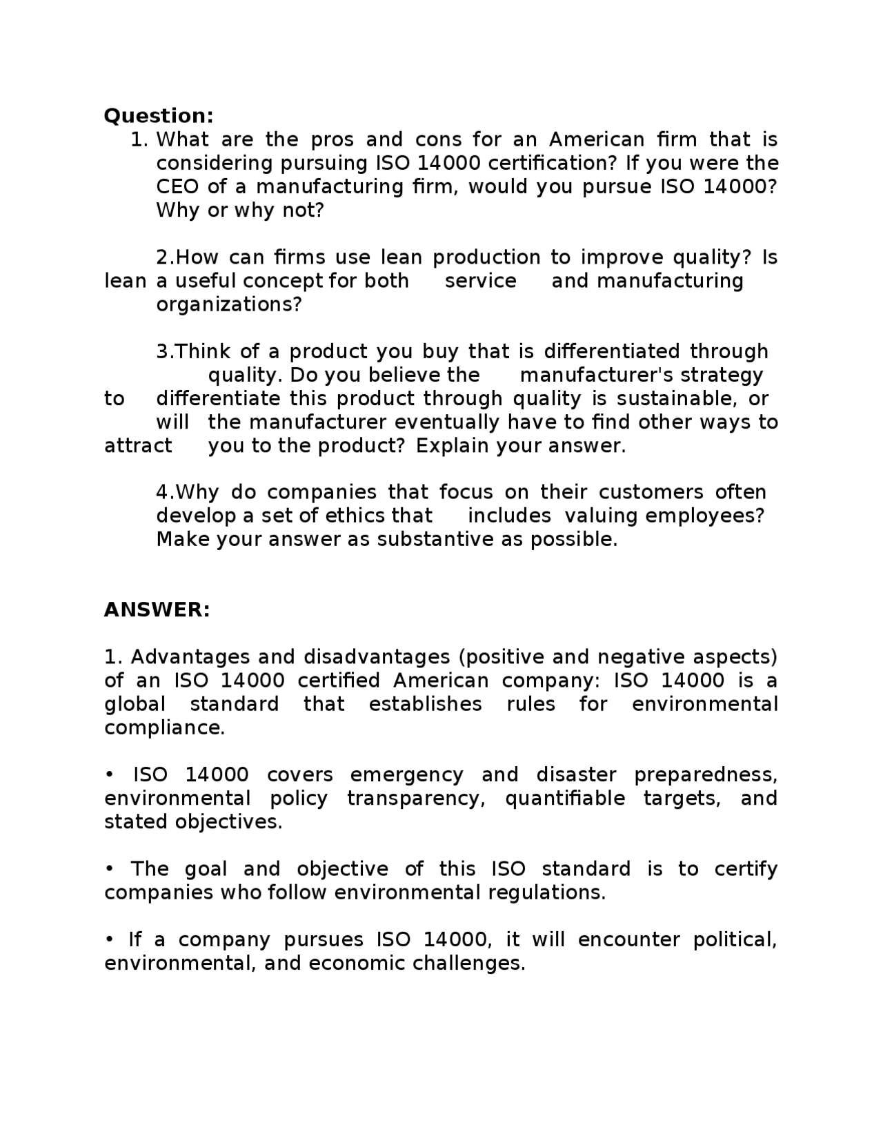 ISO 14000 Certification | Assignments Management Fundamentals | Docsity