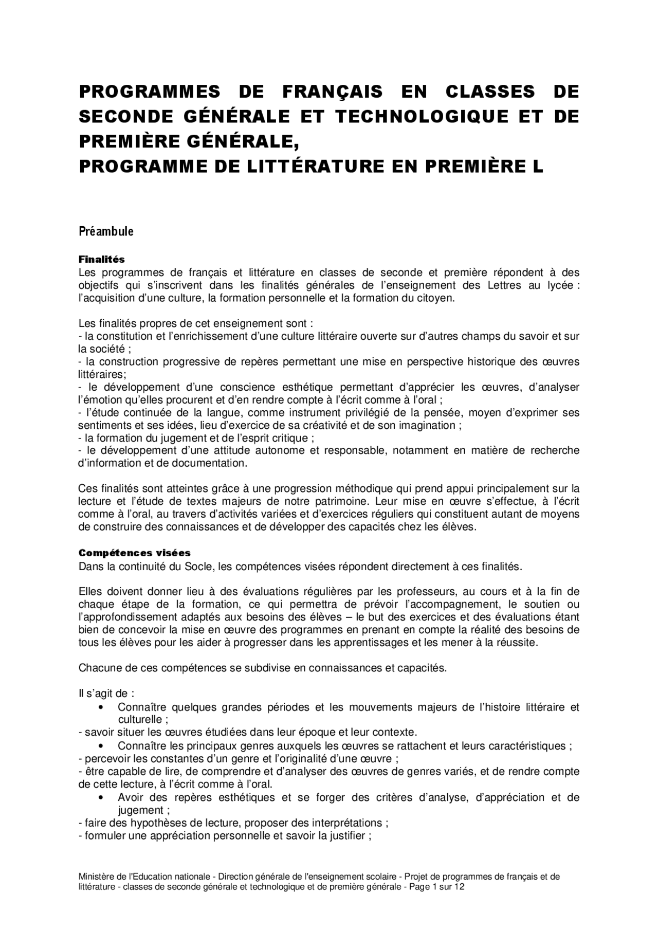 PROGRAMMES DE FRANÇAIS EN CLASSES DE SECONDE GÉNÉRALE ET PREMIÈRE ...
