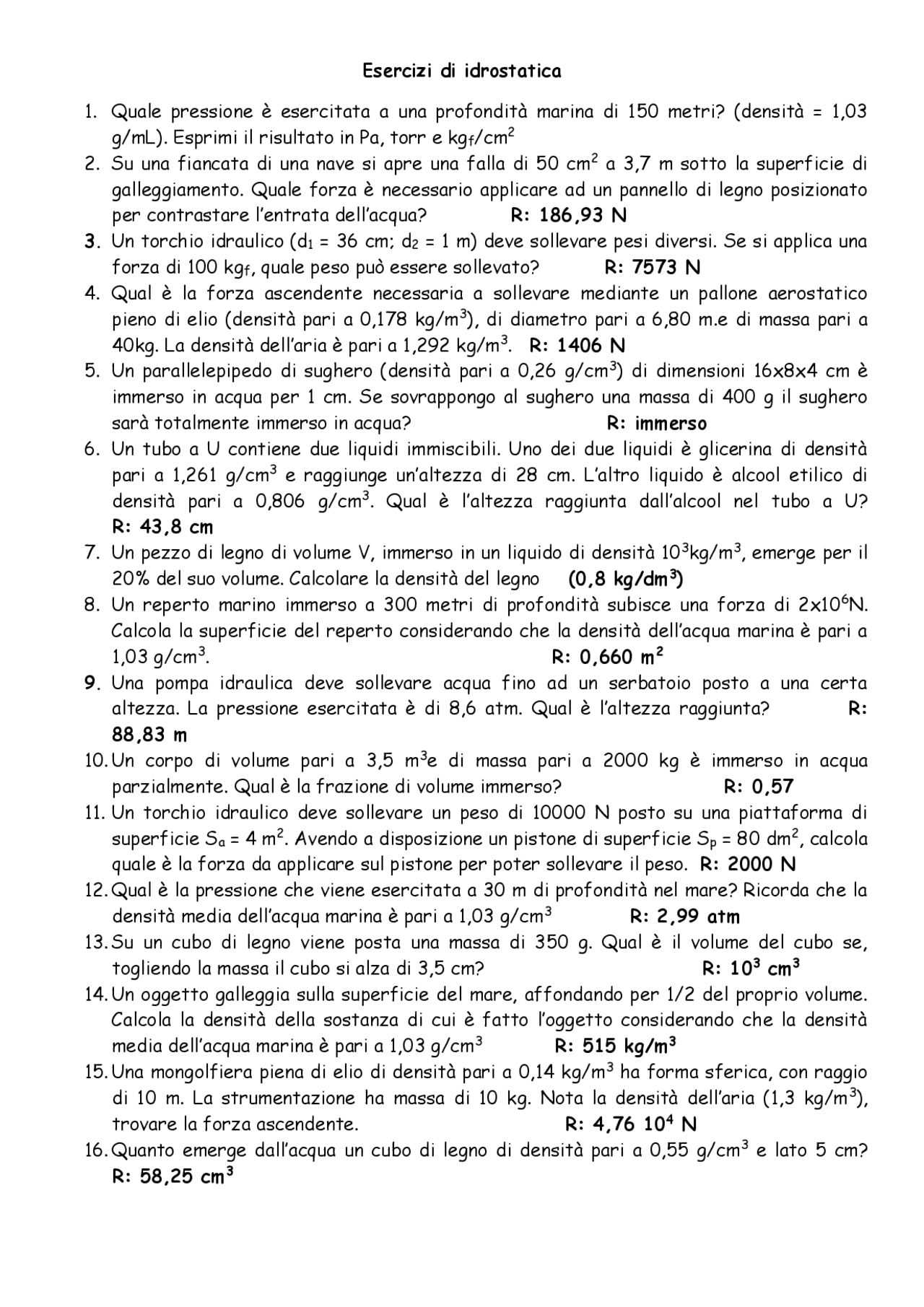 Esercizi sull'idrostatica 1 | Esercizi di Chimica dei materiali | Docsity