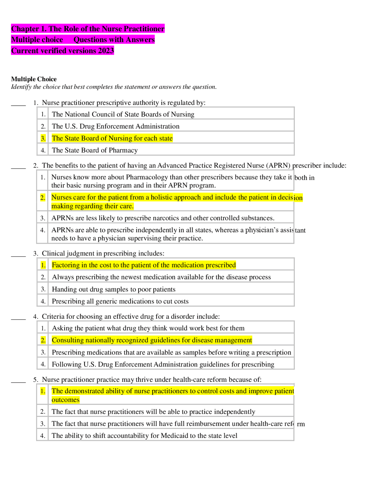 Nurse Practitioner Pharmacology Multiple Choice Questions with Answers | Exams Nursing | Docsity