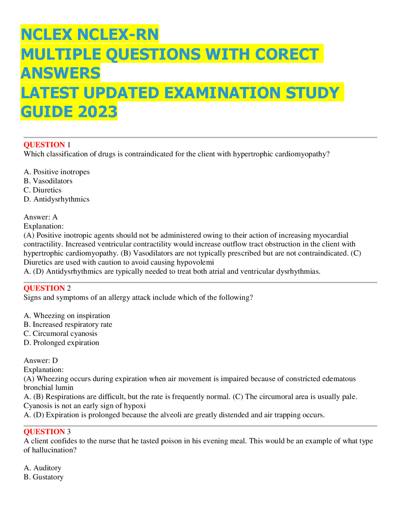 NCLEX NCLEX-RN MULTIPLE QUESTIONS WITH CORECT ANSWERS LATEST UPDATED ...