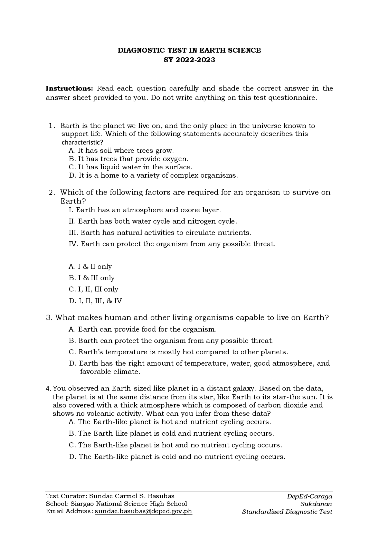 Earth_science_diagnostic_test_2 | Exercises Earth science | Docsity