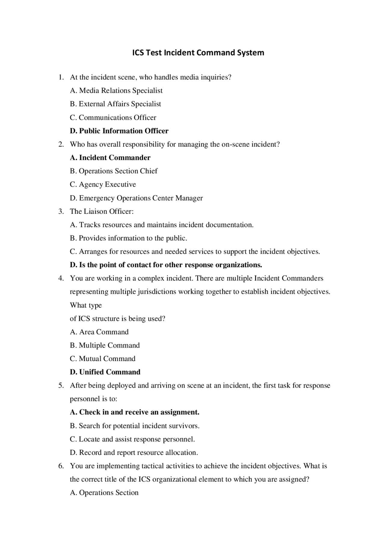 ICS Test Incident Command System | Exams Vocational education | Docsity