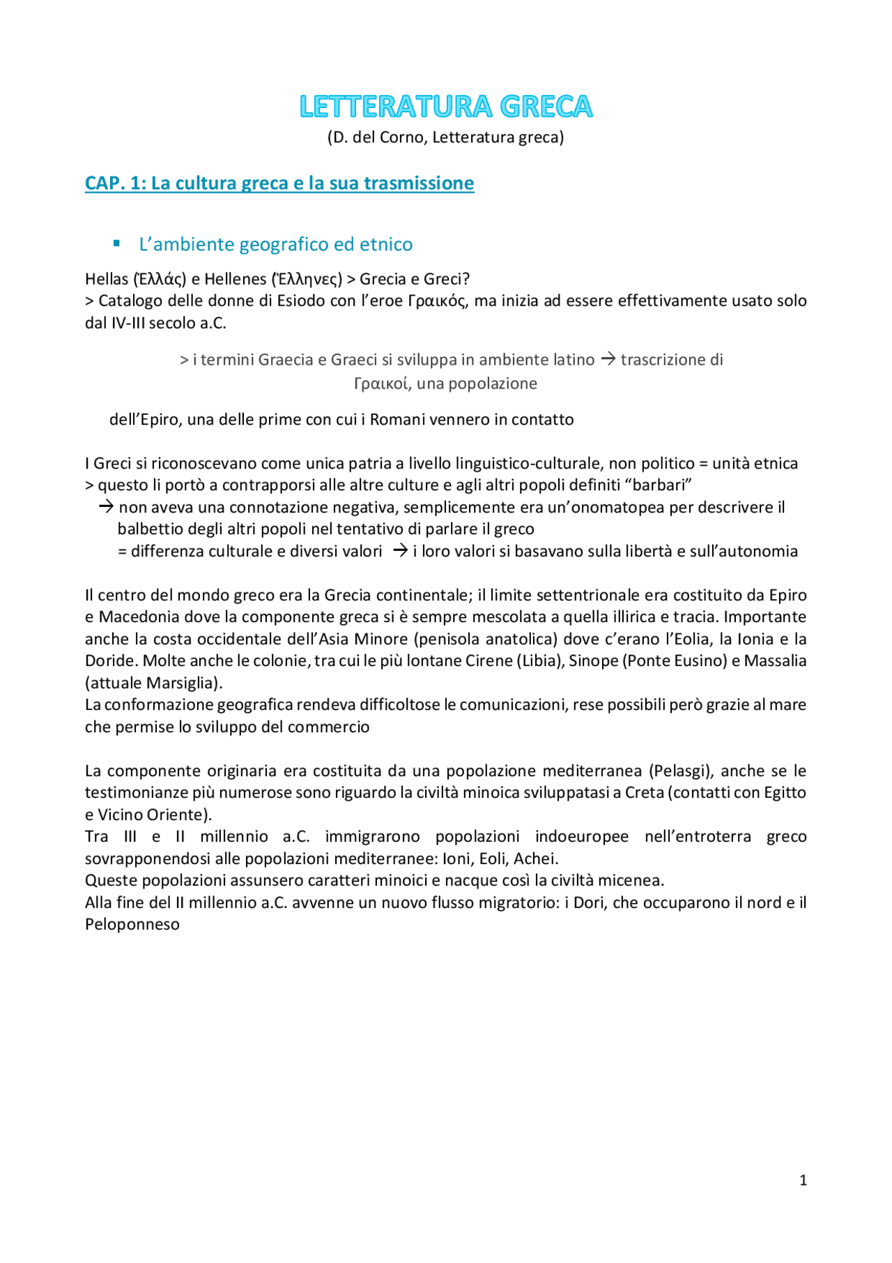 Rissunto schematico del manuale di letteratura greca Dario Del Corno, Letteratura greca ...