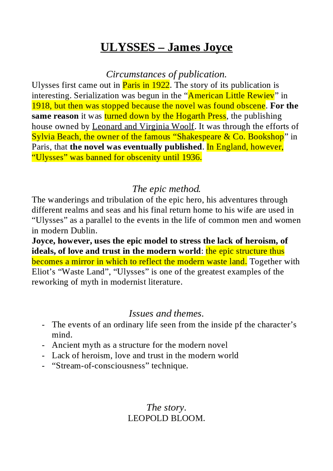 Ulysses di James Joyce | Schemi e mappe concettuali di Inglese | Docsity