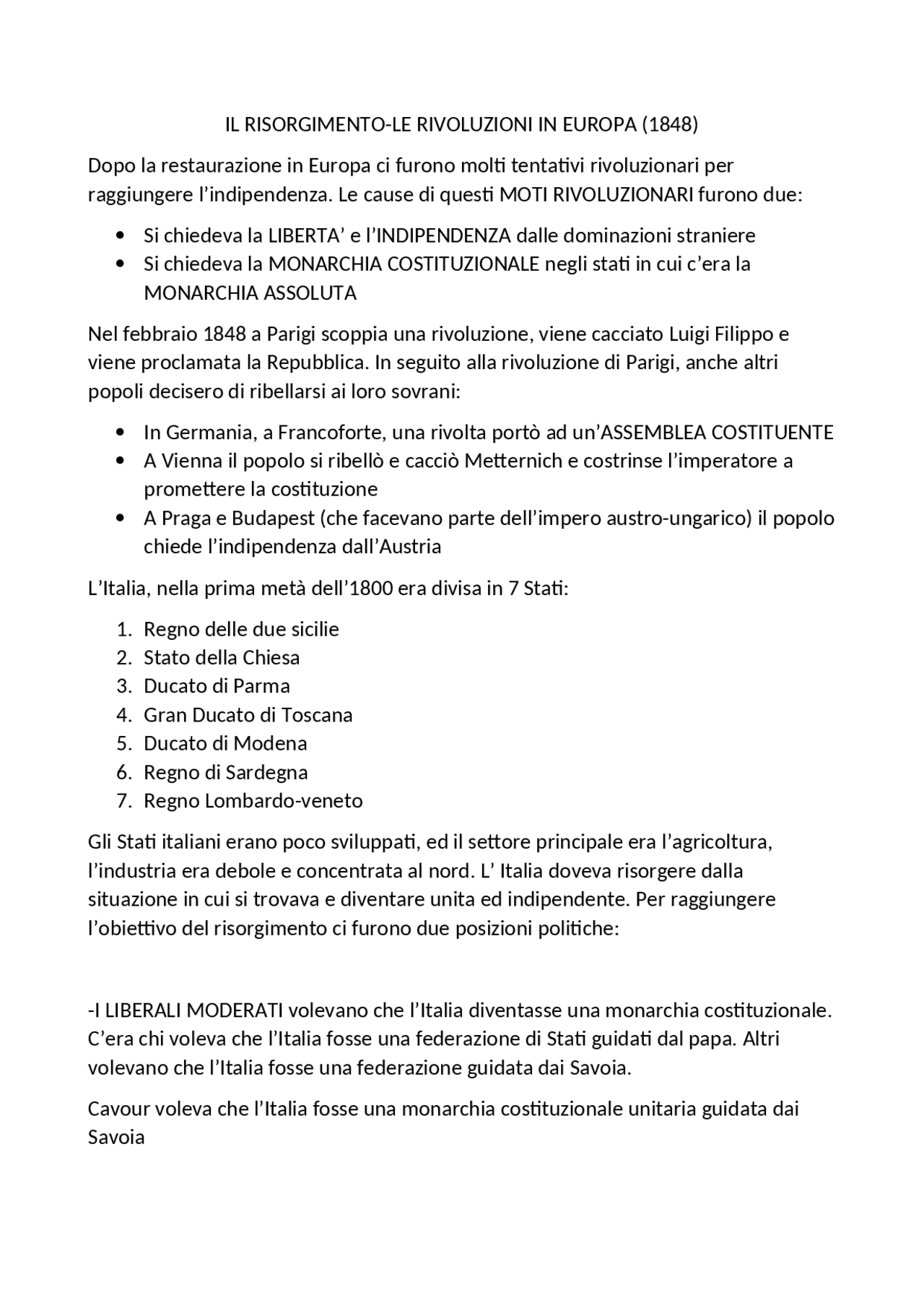 IL RISORGIMENTO-LE RIVOLUZIONI IN EUROPA (1848) | Sbobinature di Storia Contemporanea | Docsity