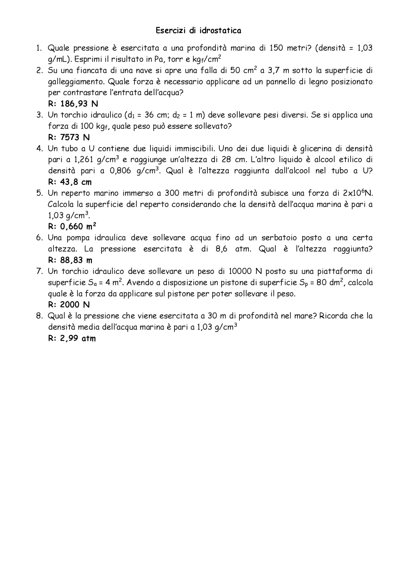 Esercizi sull'idrostatica 2 | Esercizi di Chimica dei materiali | Docsity