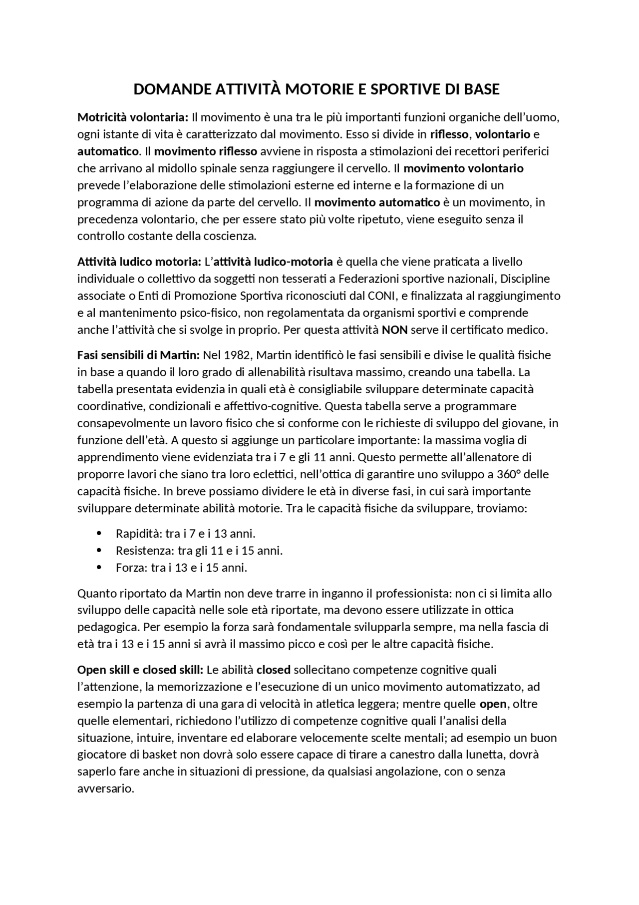 Attività motorie e sportive di base. | Dispense di Scienze Motorie | Docsity