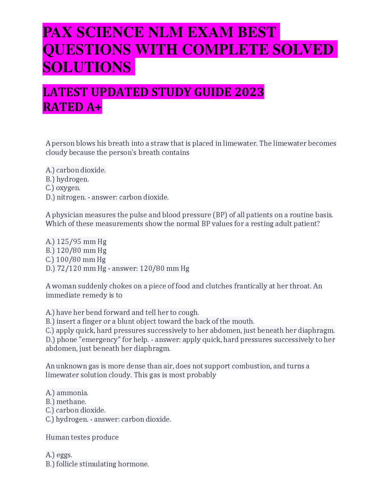 PAX SCIENCE NLM EXAM BEST QUESTIONS WITH COMPLETE SOLVED SOLUTIONS ...