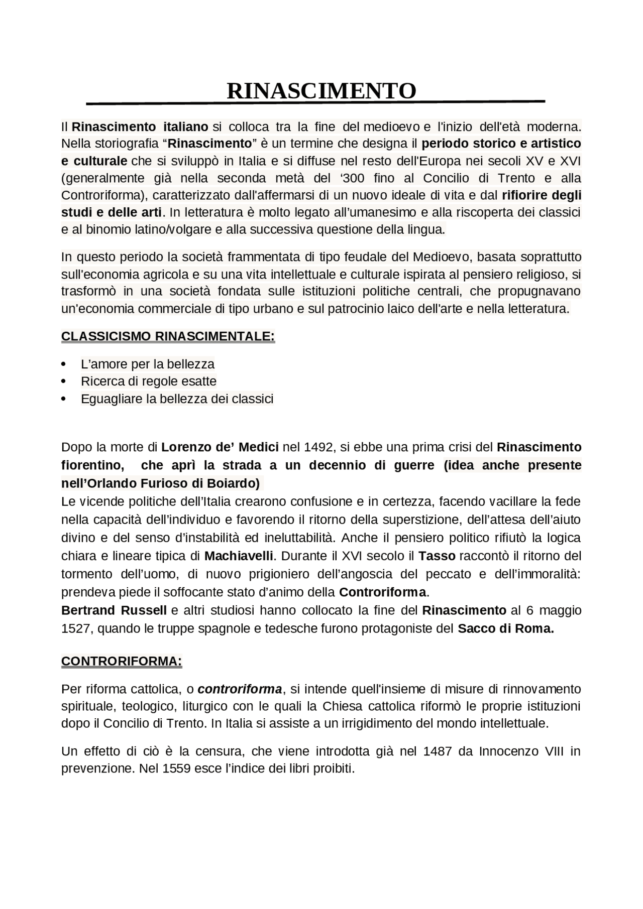 Rinascimento italiano | Schemi e mappe concettuali di Italiano | Docsity