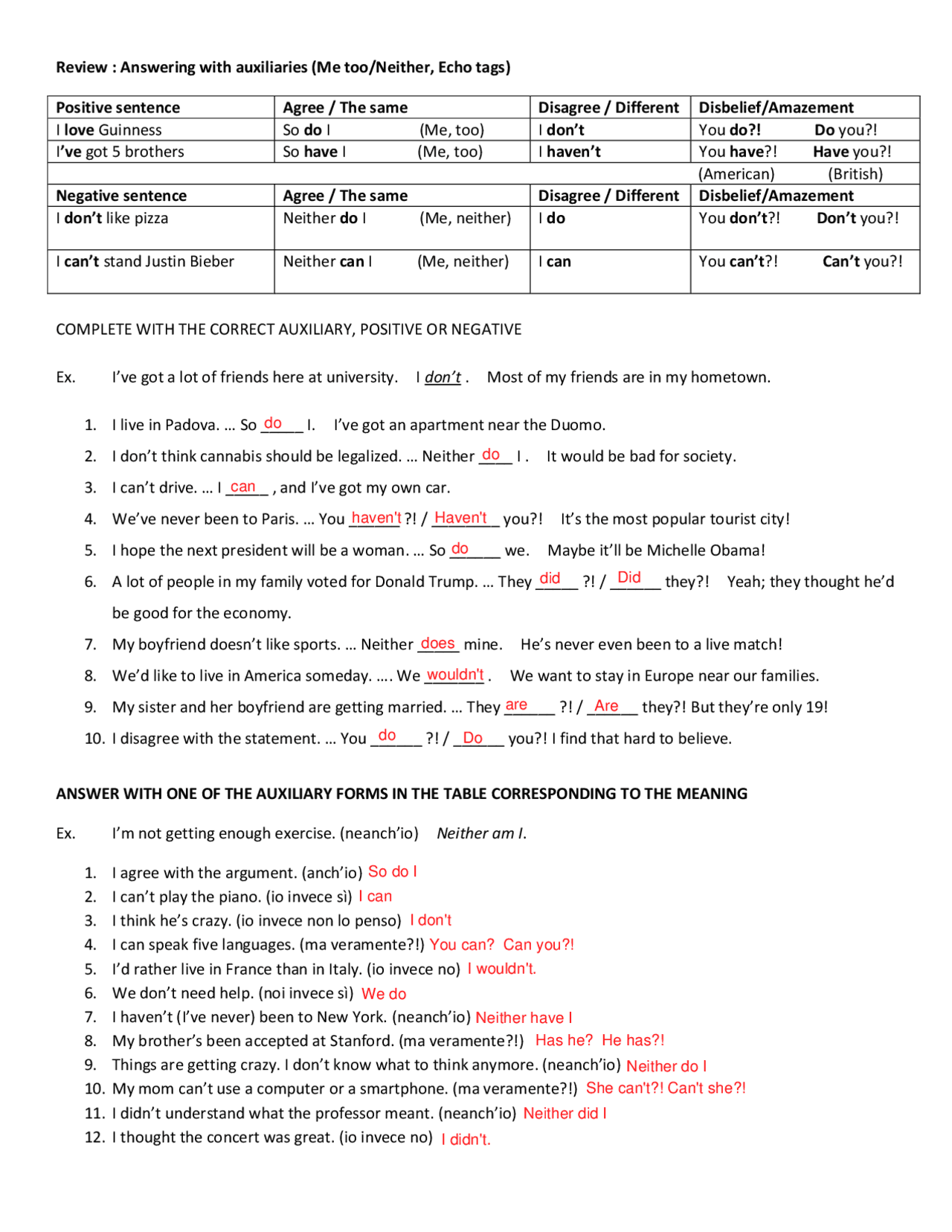 Question tags exercices | Esercizi di Lingua Inglese | Docsity