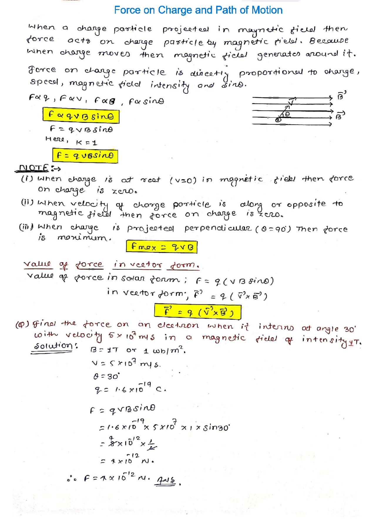 Force on Charge and Path of Motion | Lecture notes Physics | Docsity