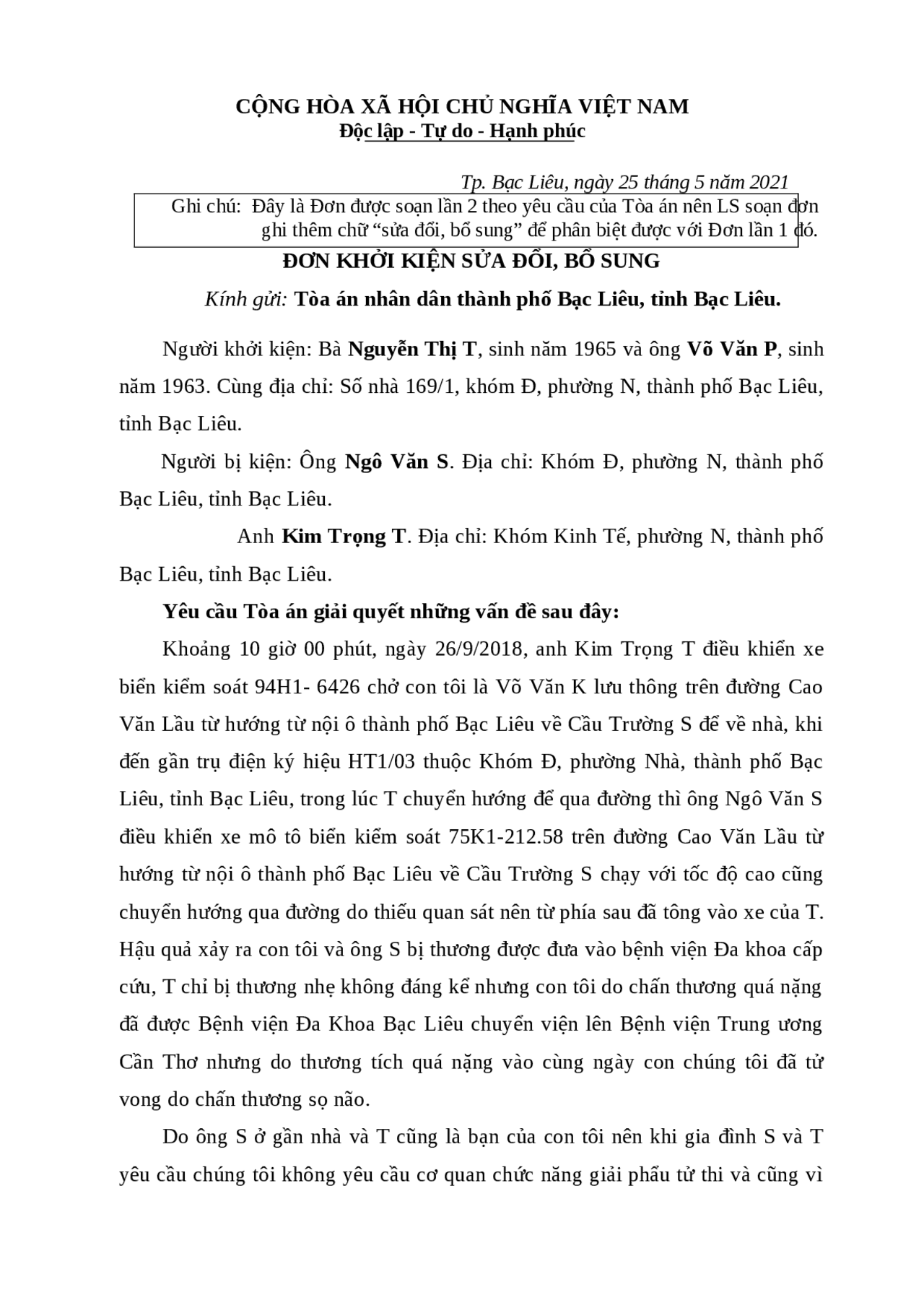 Don_khoi_kien_bo_sung | Schemes and Mind Maps Law of Evidence | Docsity