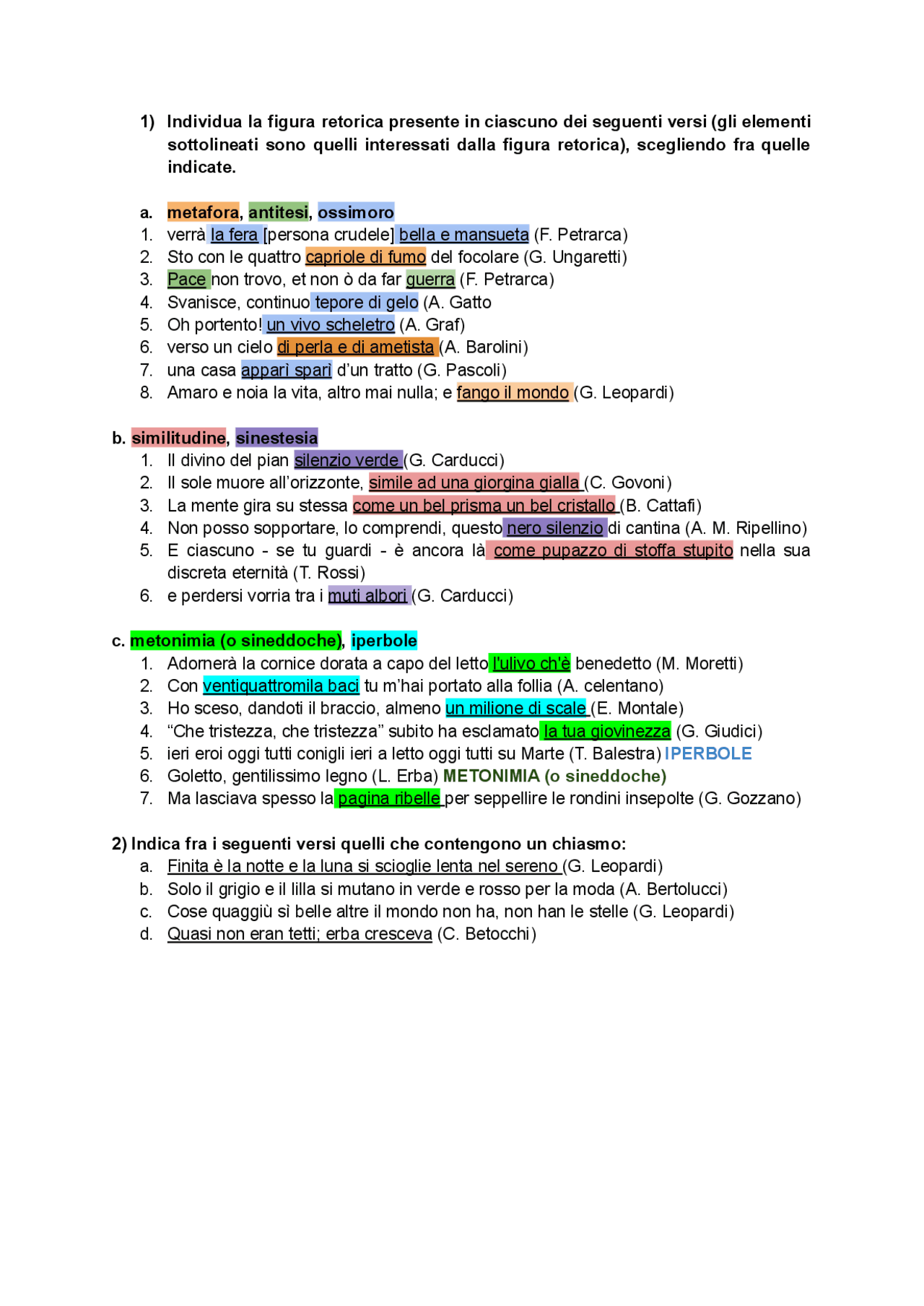 Esercizi sulle figure retoriche | Esercizi di Italiano | Docsity