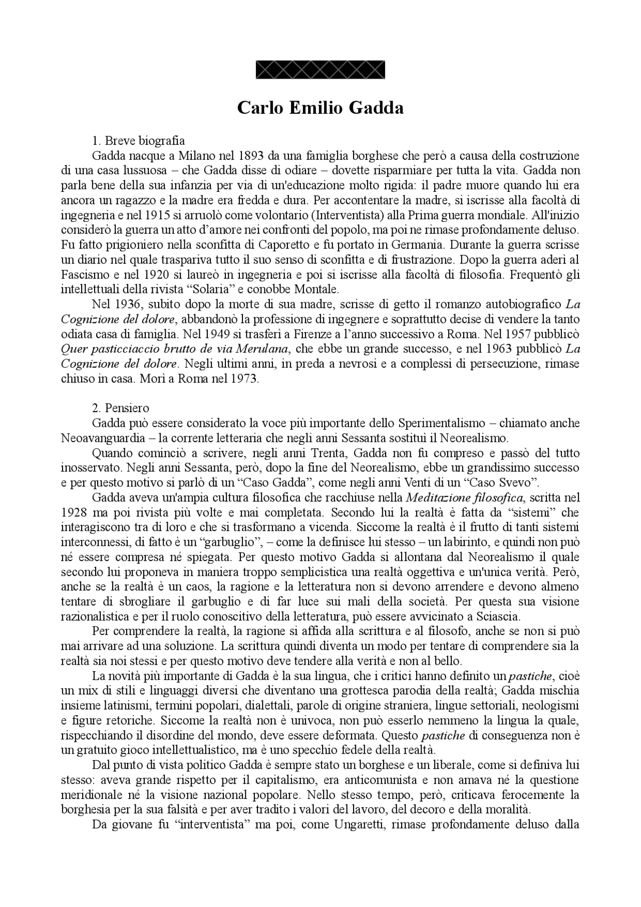 Riassunto Carlo Emilio Gadda Schemi E Mappe Concettuali Di