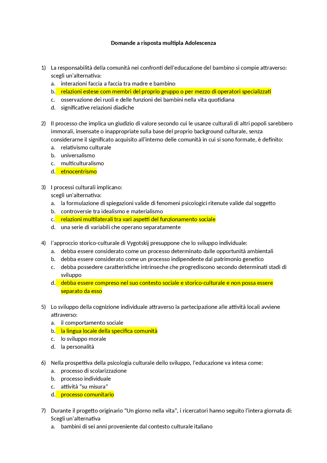 Domande a Risposta Multipla e Aperte Esame Psicologia dell'Adolescenza e dell'Età Adulta | Prove ...
