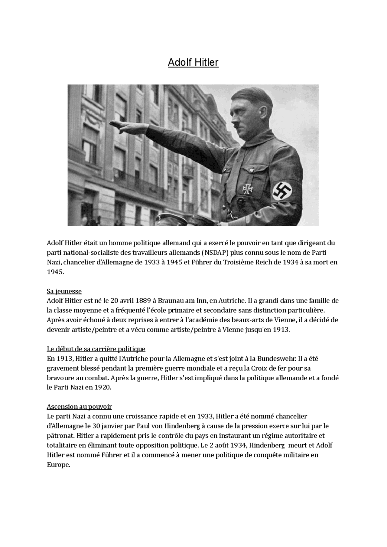 Biographie de Adolf Hitler | Study notes History | Docsity