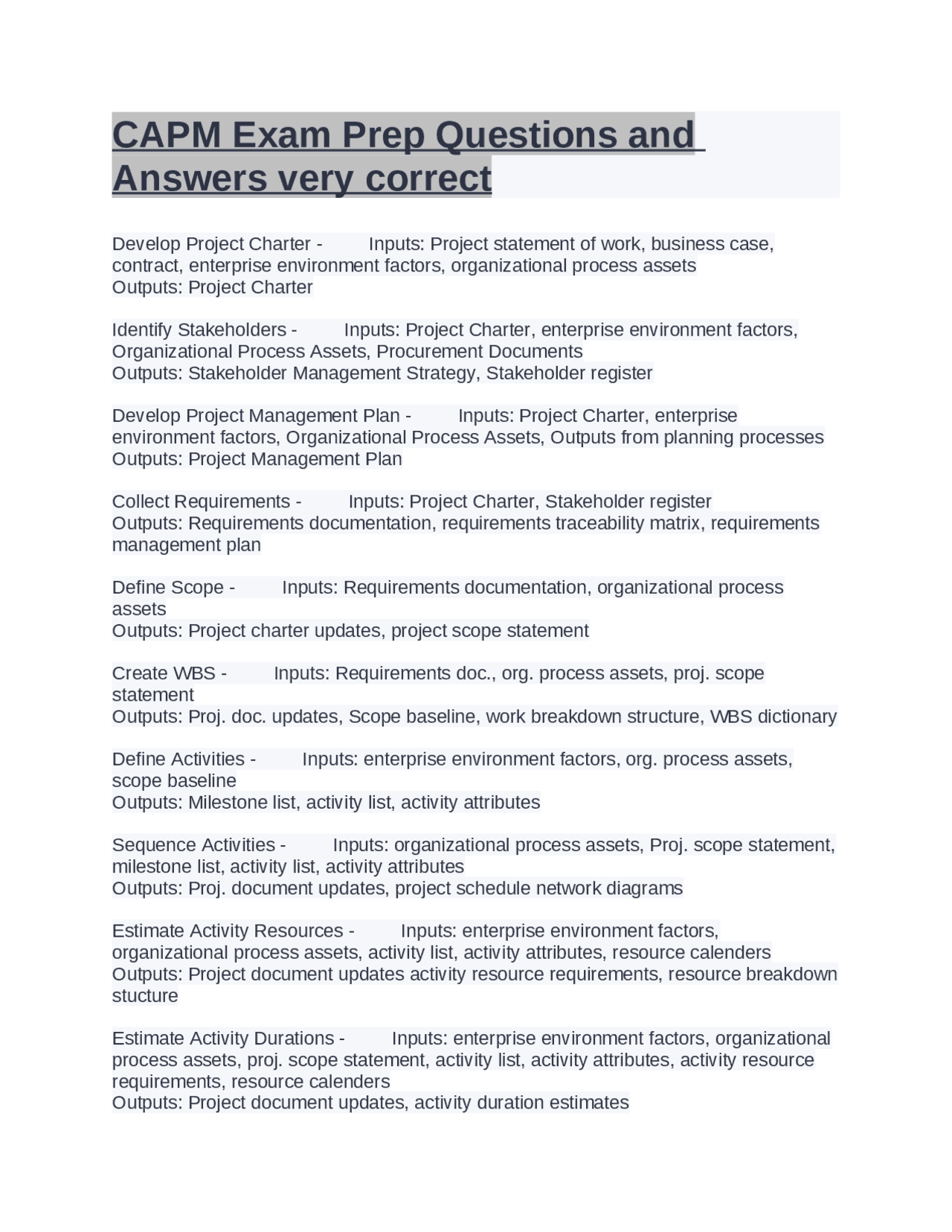 CAPM Exam Prep Questions and Answers very correct | Exams Business ...