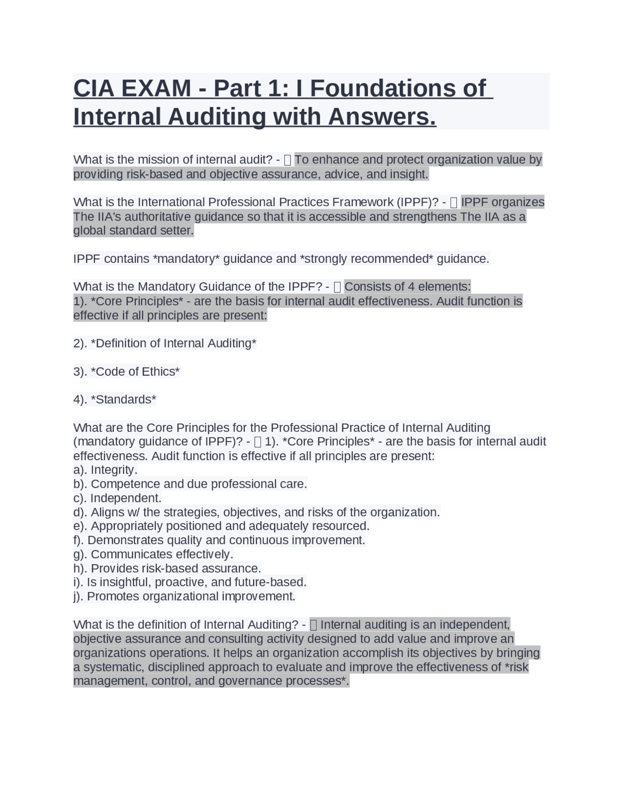 Cia Exam Part 1 I Foundations Of Internal Auditing With Answers