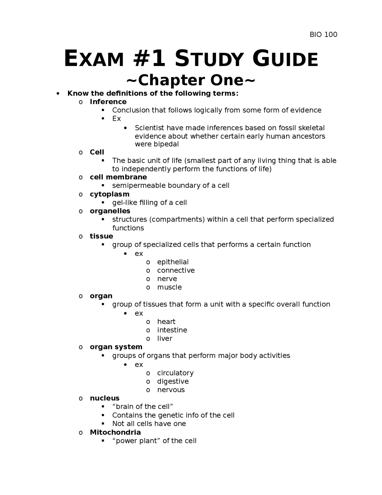 Bio 100 Exam 1 Study Guide | Exams Biology | Docsity