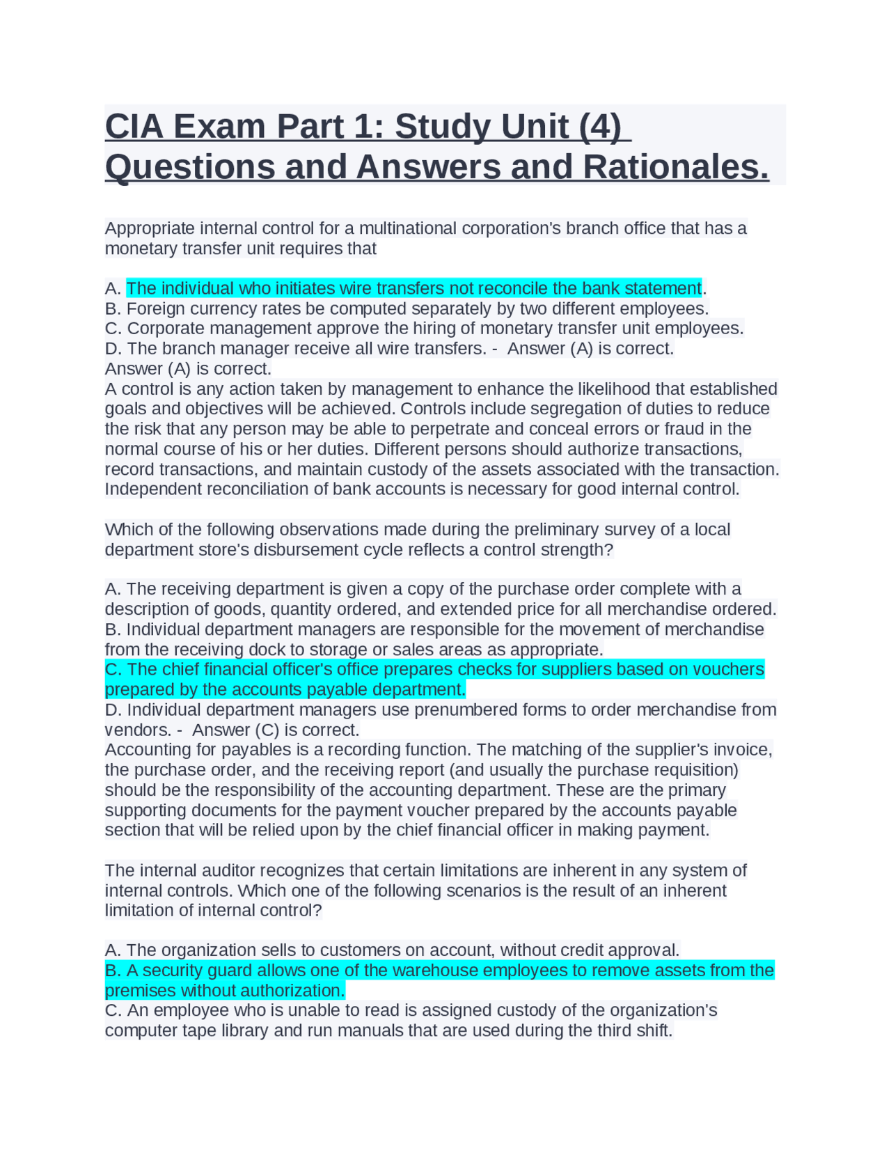 CIA Exam Part 1: Study Unit (4) Questions and Answers and Rationales ...