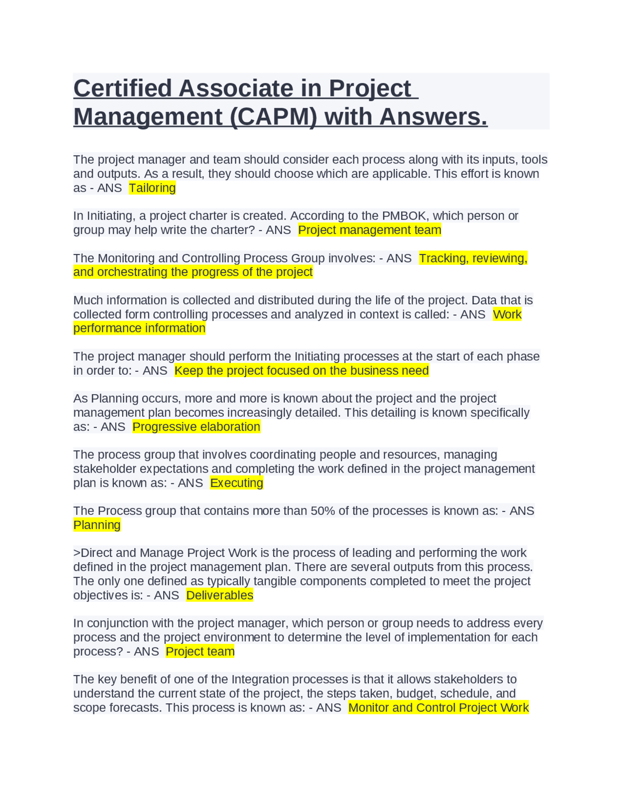 Certified Associate in Project Management (CAPM) with Answers. | Exams Business Systems | Docsity