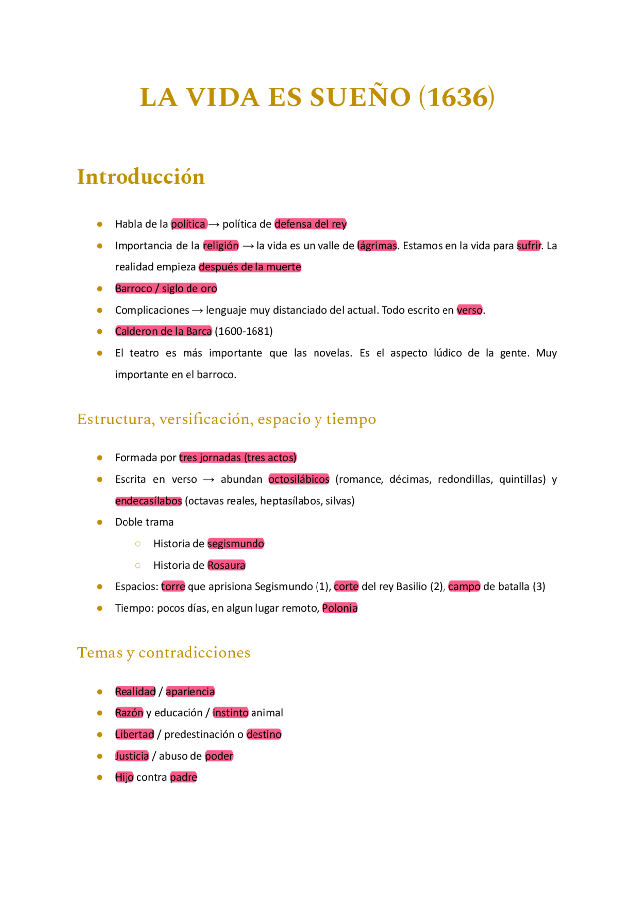 La vida es sueño - resumen | Apuntes de Lengua y Literatura | Docsity