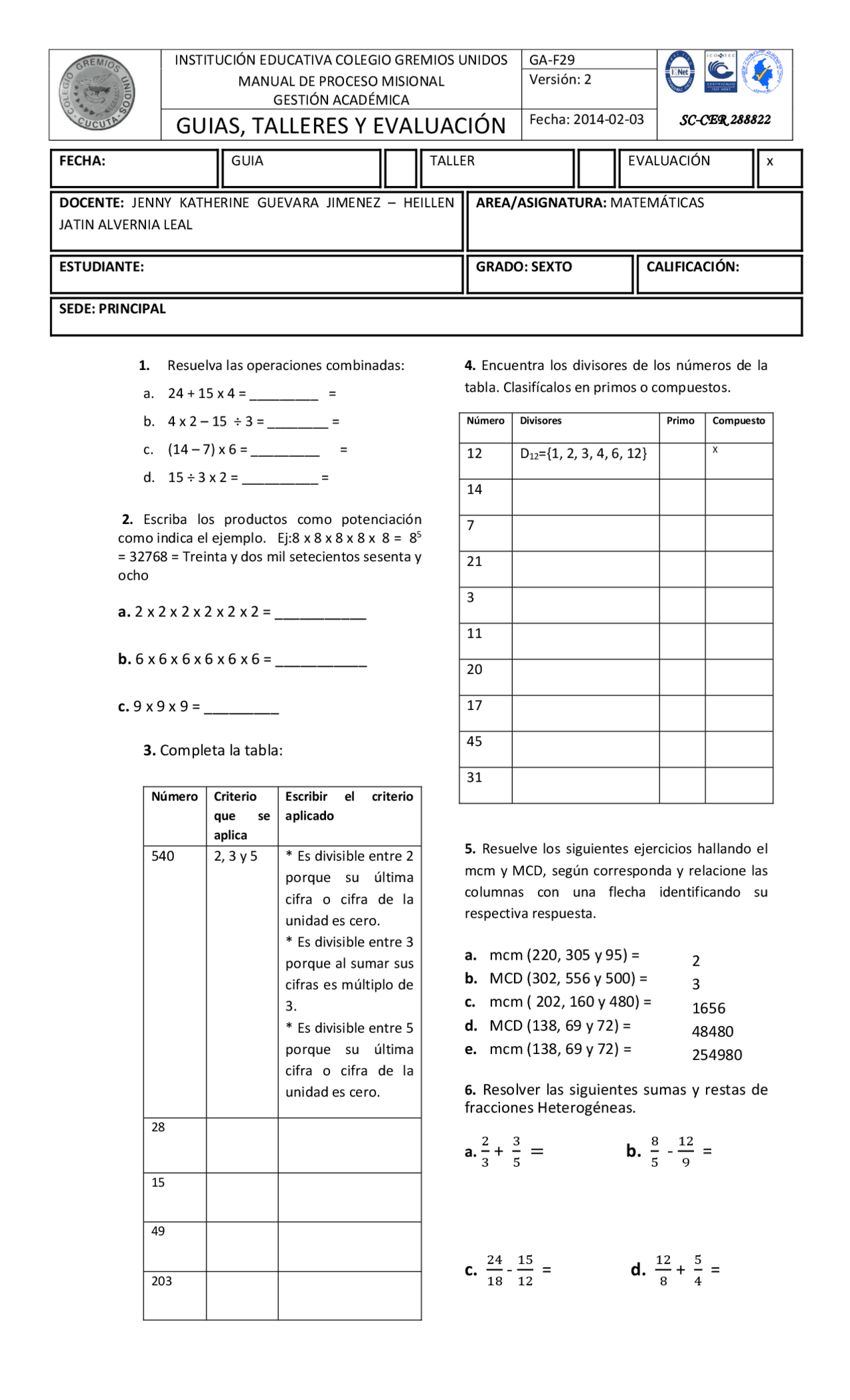 EVALUACIÓN DIAGNOSTICA DE MATEMATICAS | Exámenes de Matemáticas | Docsity