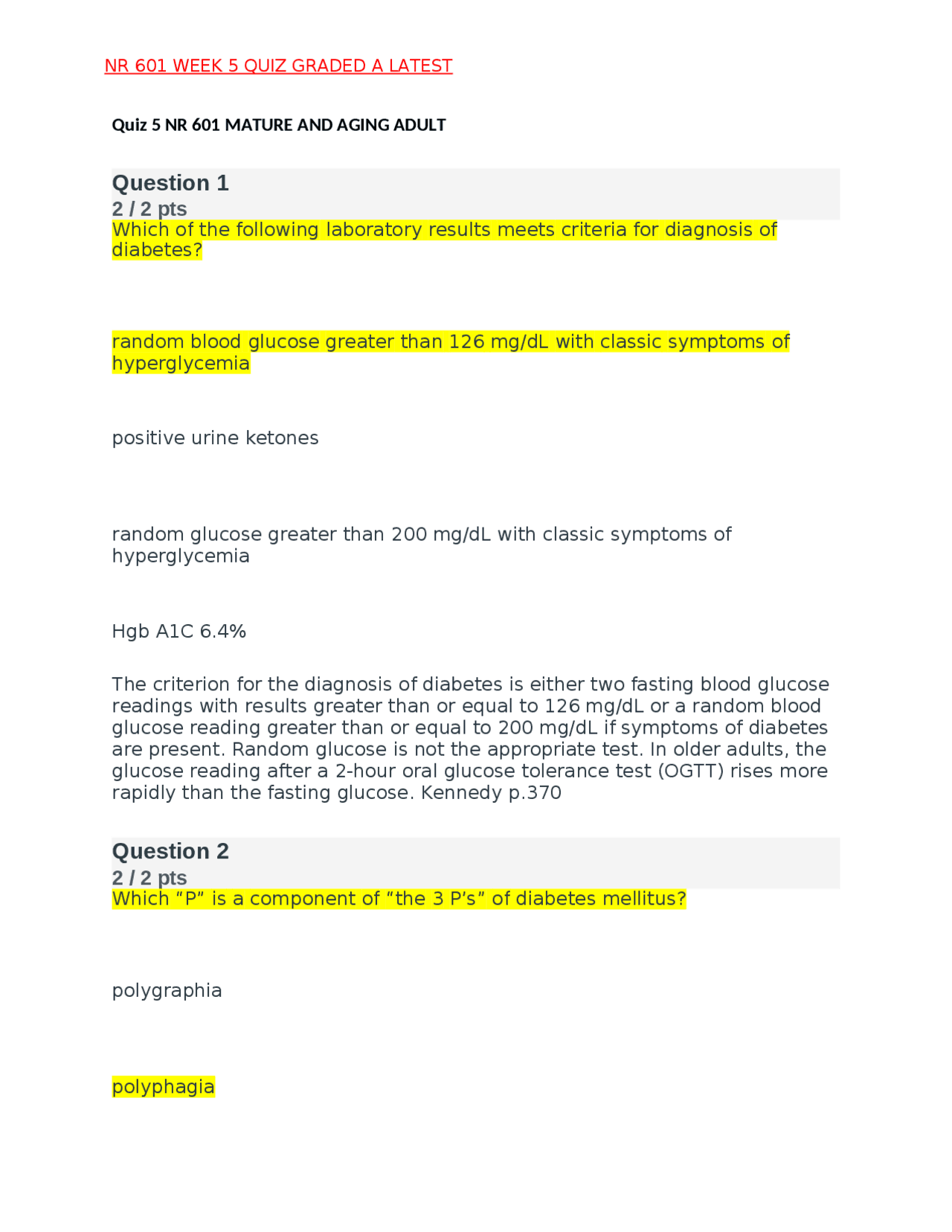 Quiz on Diabetes and Endocrine Problems | Exams Nursing | Docsity