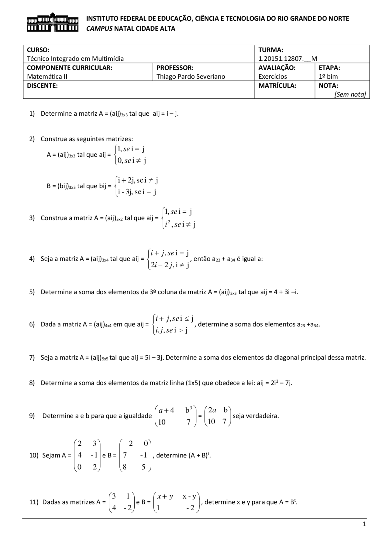 Exercicios De Matrizes Otimos Slides Matemática Docsity