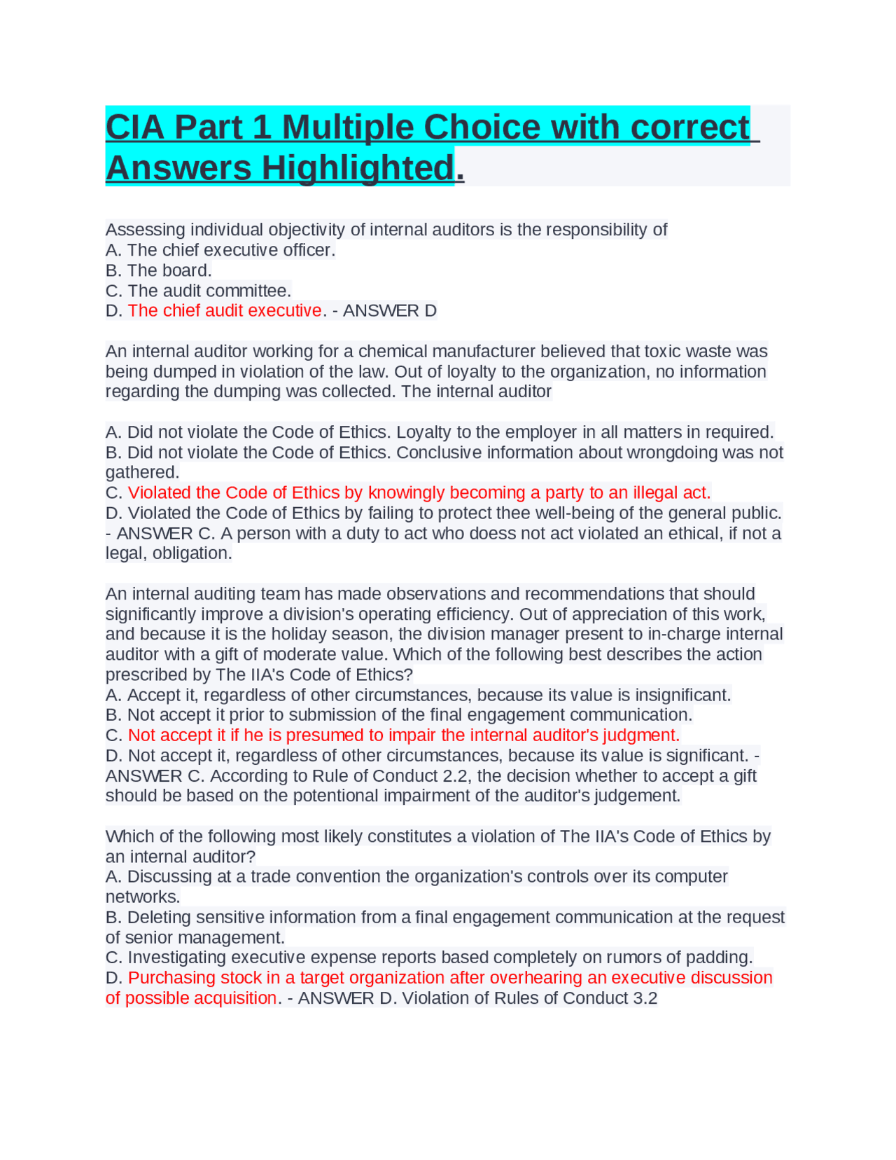 Cia Part 1 Multiple Choice With Correct Answers Highlighted Exams