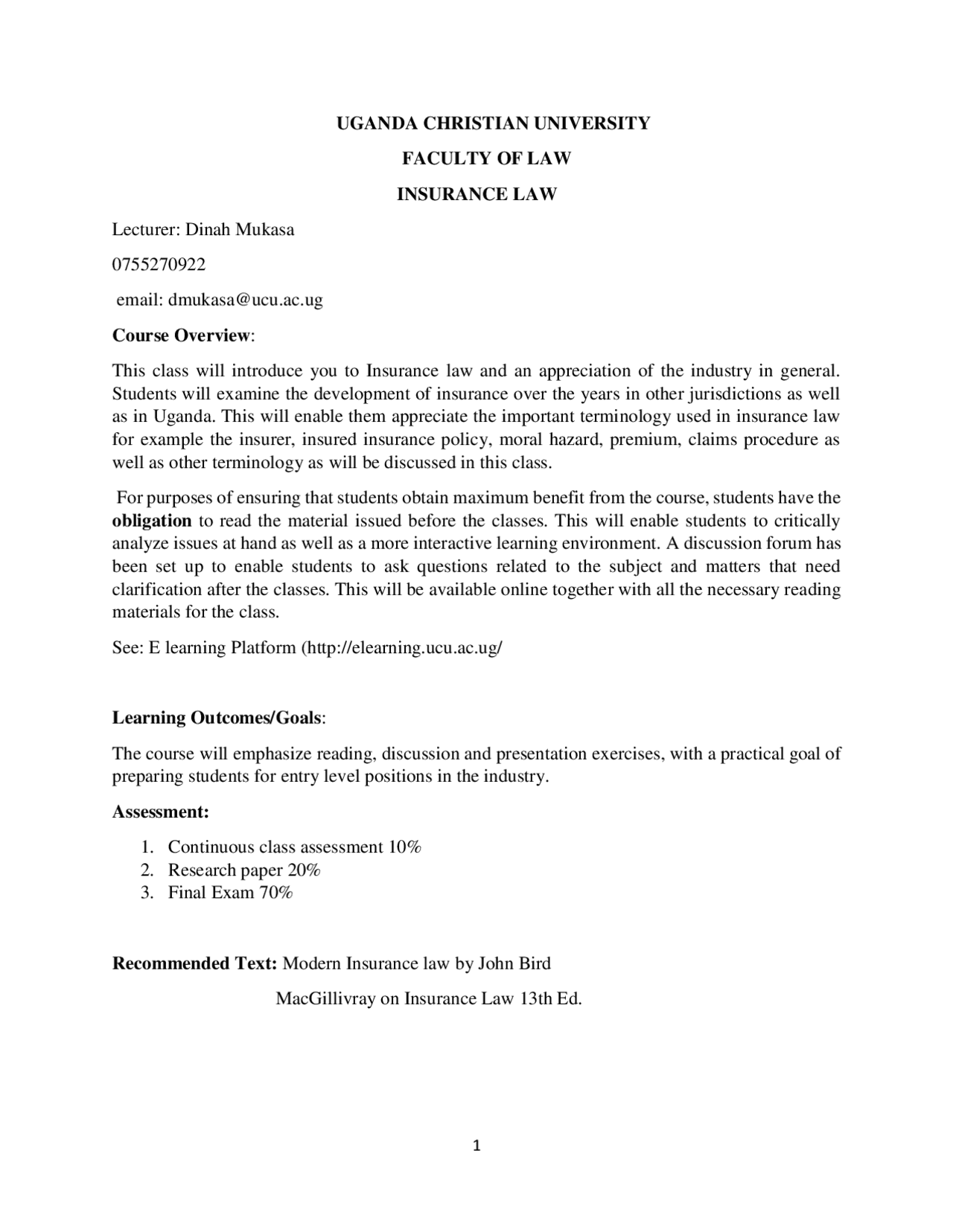 A Guide To Insurance Law In Uganda Lecture Notes Law Docsity