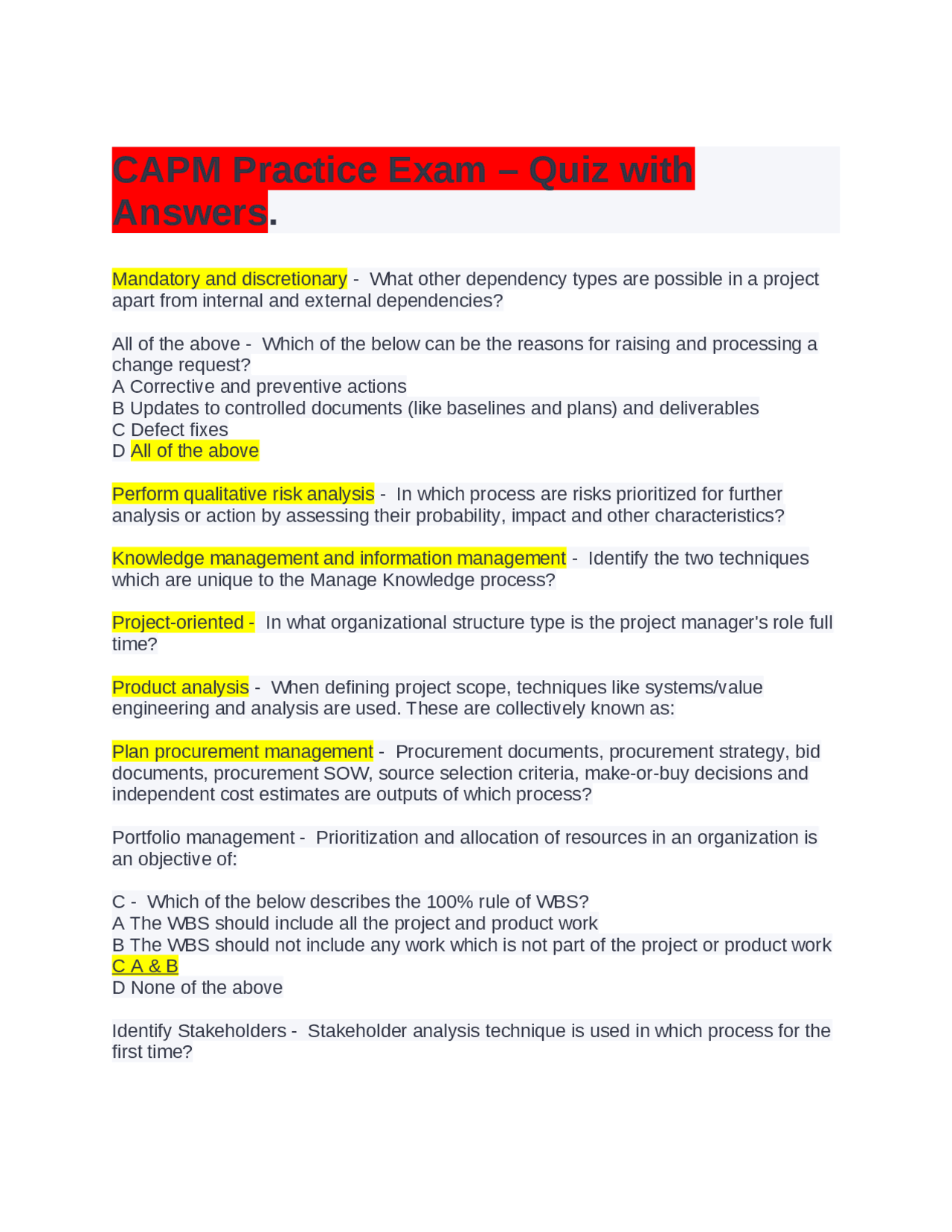 CAPM Practice Exam – Quiz with Answers | Exams Business Ethics | Docsity