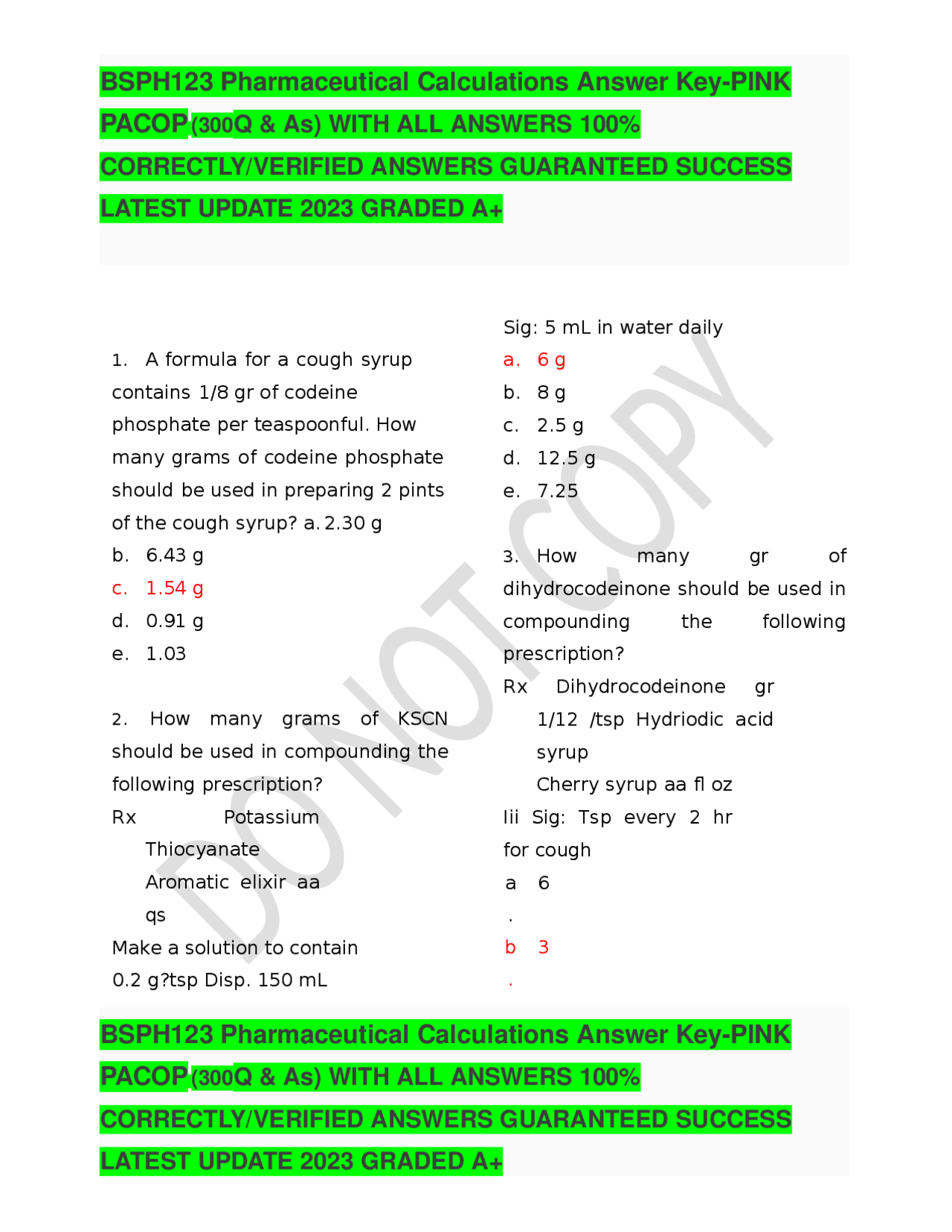 BSPH123 Pharmaceutical Calculations Answer Key-PINK PACOP (300Q & As ...
