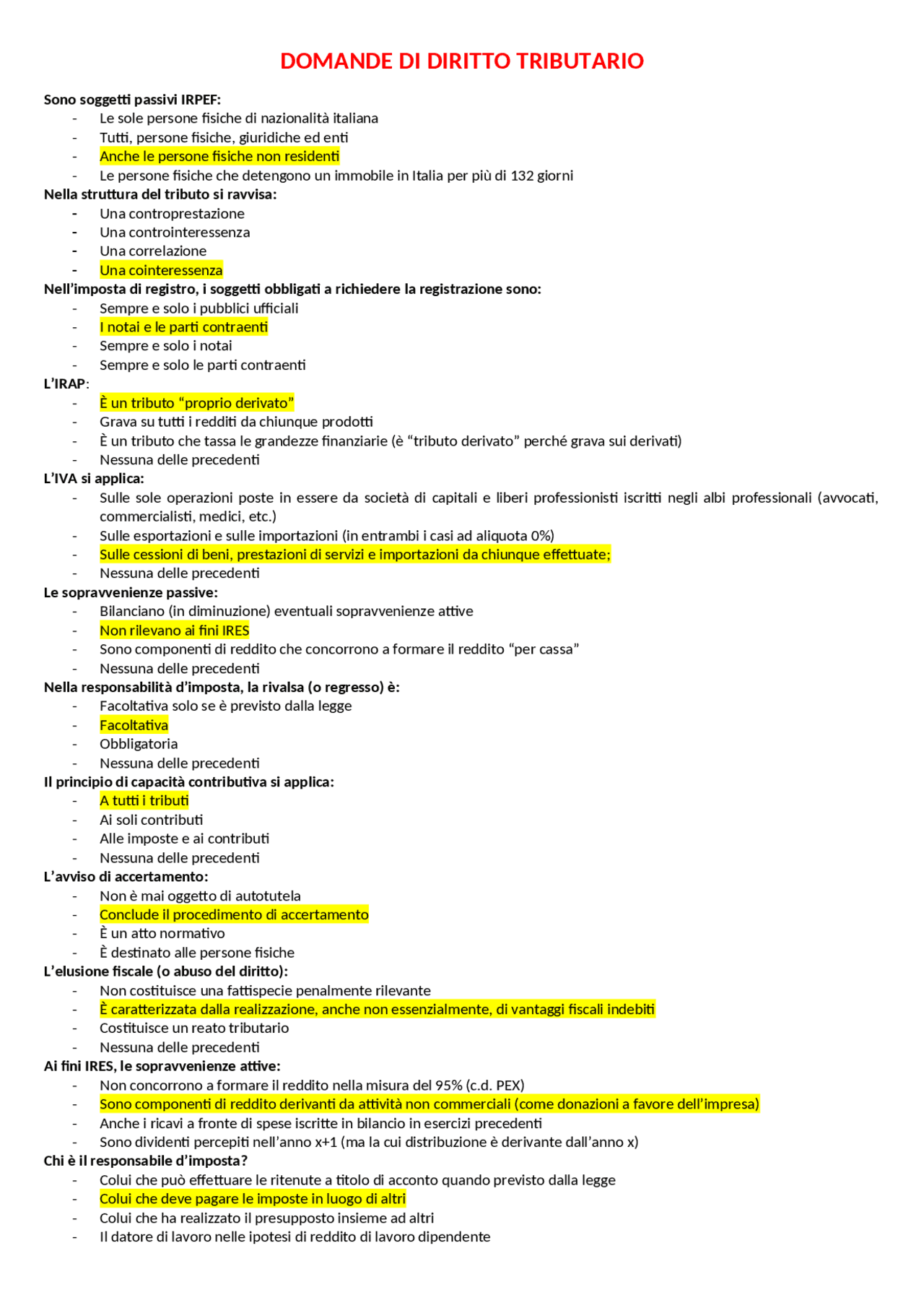 Domande Diritto Tributario | Prove d'esame di Diritto Tributario | Docsity