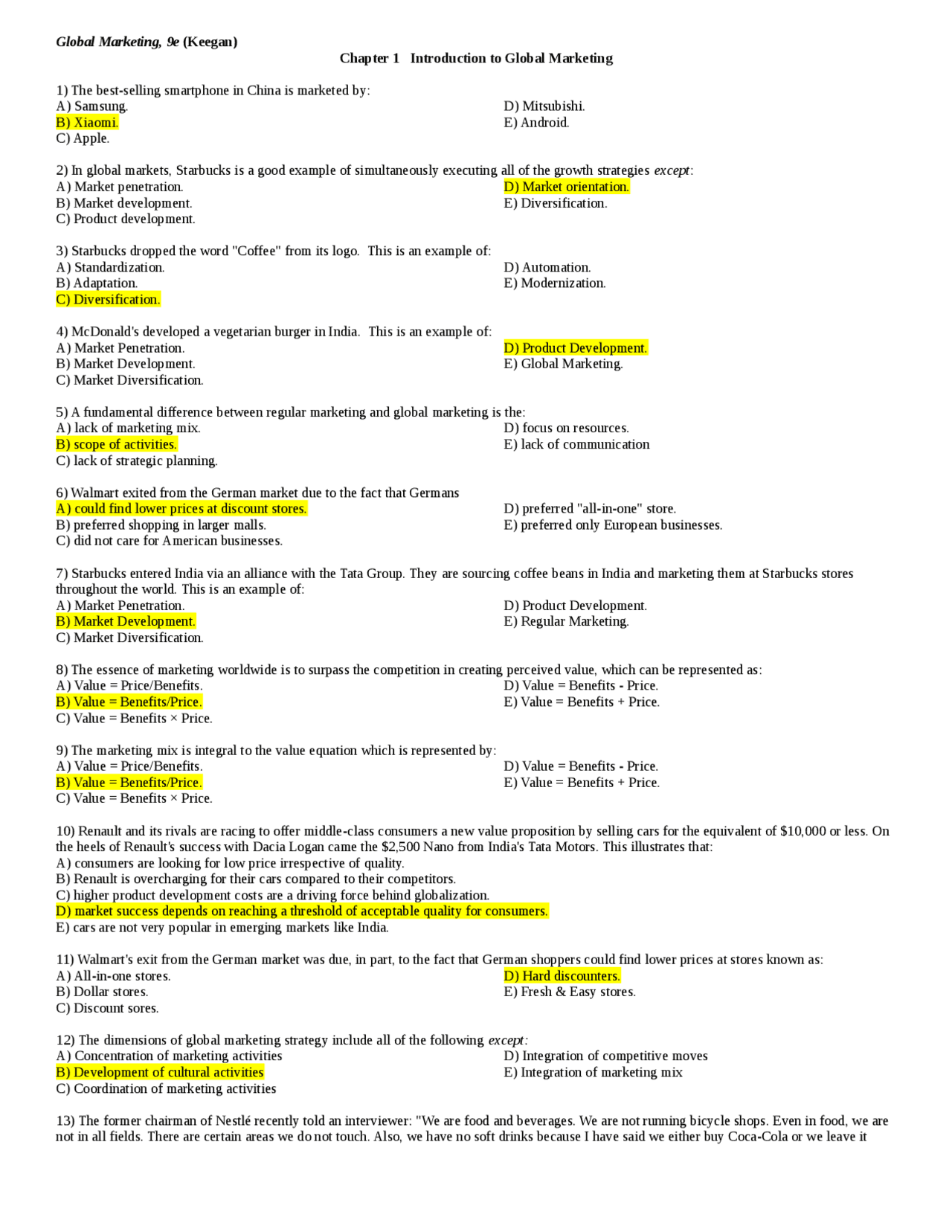 Introduction To Global Marketing Exams Nursing Docsity